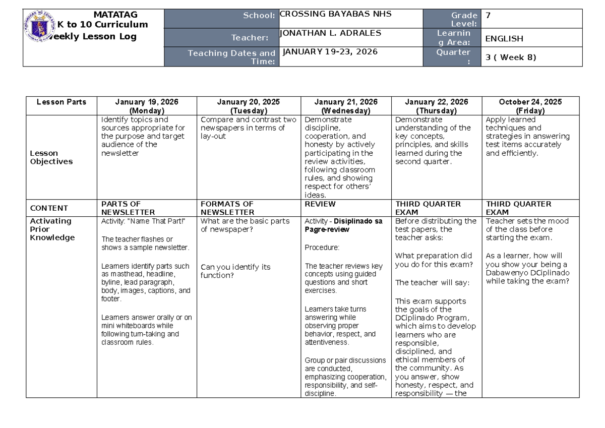 Q4 DLL WEEK 1: Detailed Lesson Plan for English 7 - Studocu