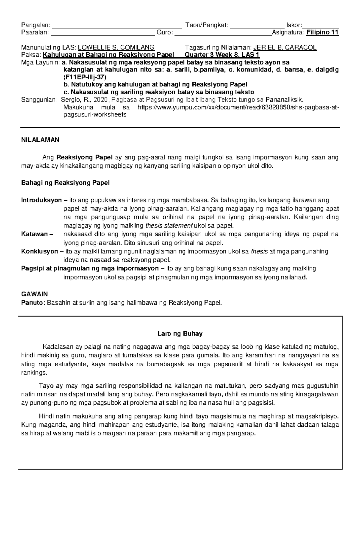 Filipino 11 Q3 Week 8 LAS #1: Kahulugan at Bahagi ng Reaksiyong Papel ...