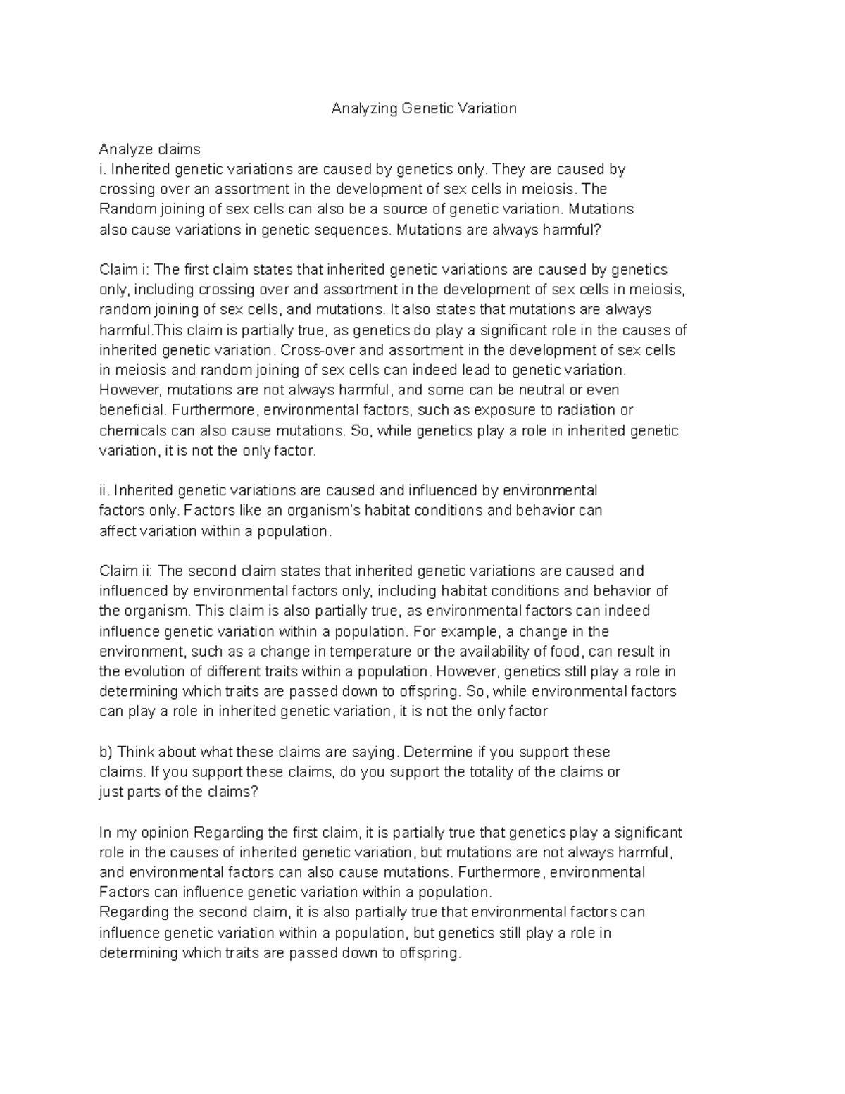 Analyzing Genetic Variation: Claims and Influences in Genetics - Studocu