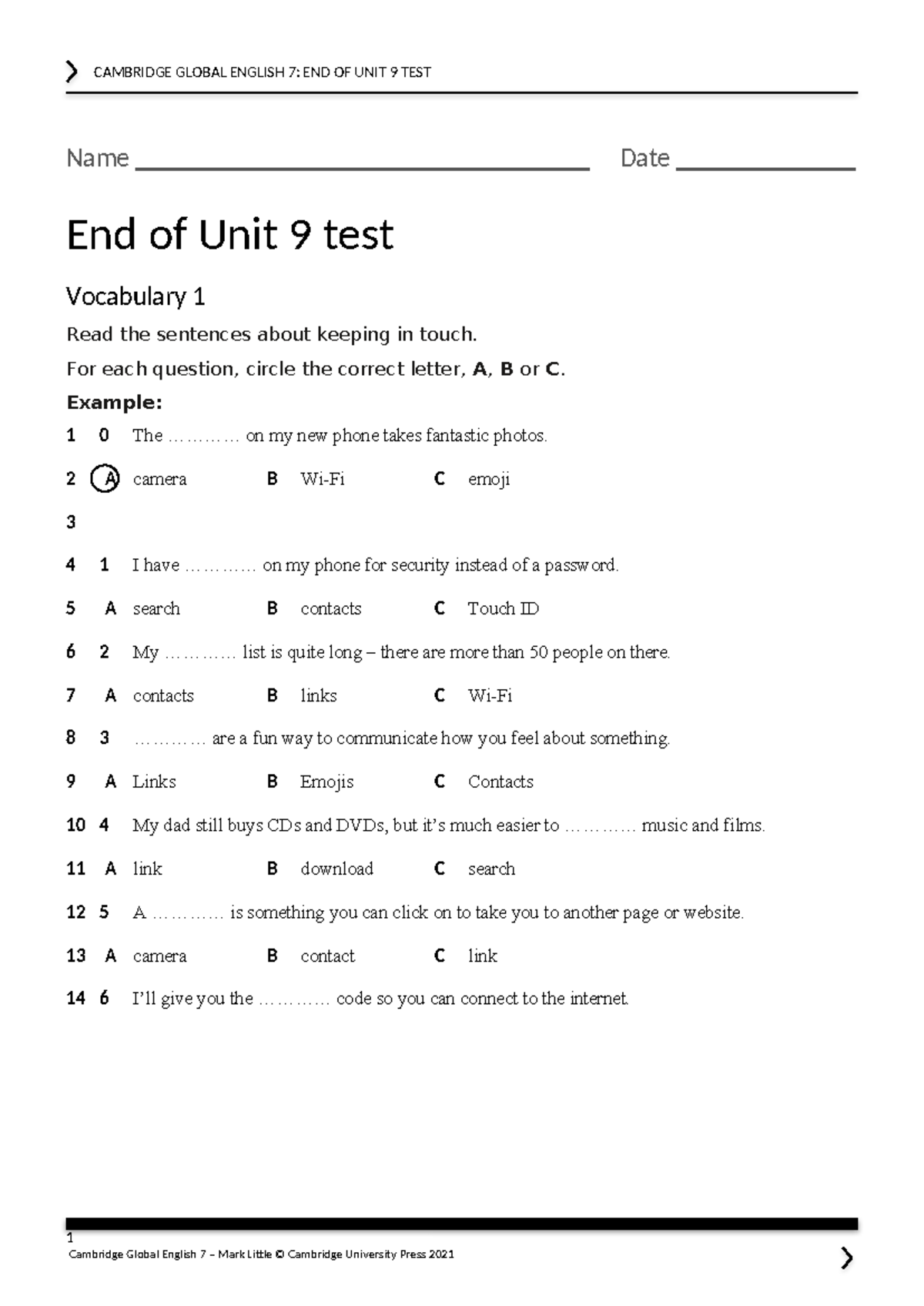 CAMBRIDGE GLOBAL ENGLISH 7: END OF UNIT 9 TEST ANSWERS - Studocu
