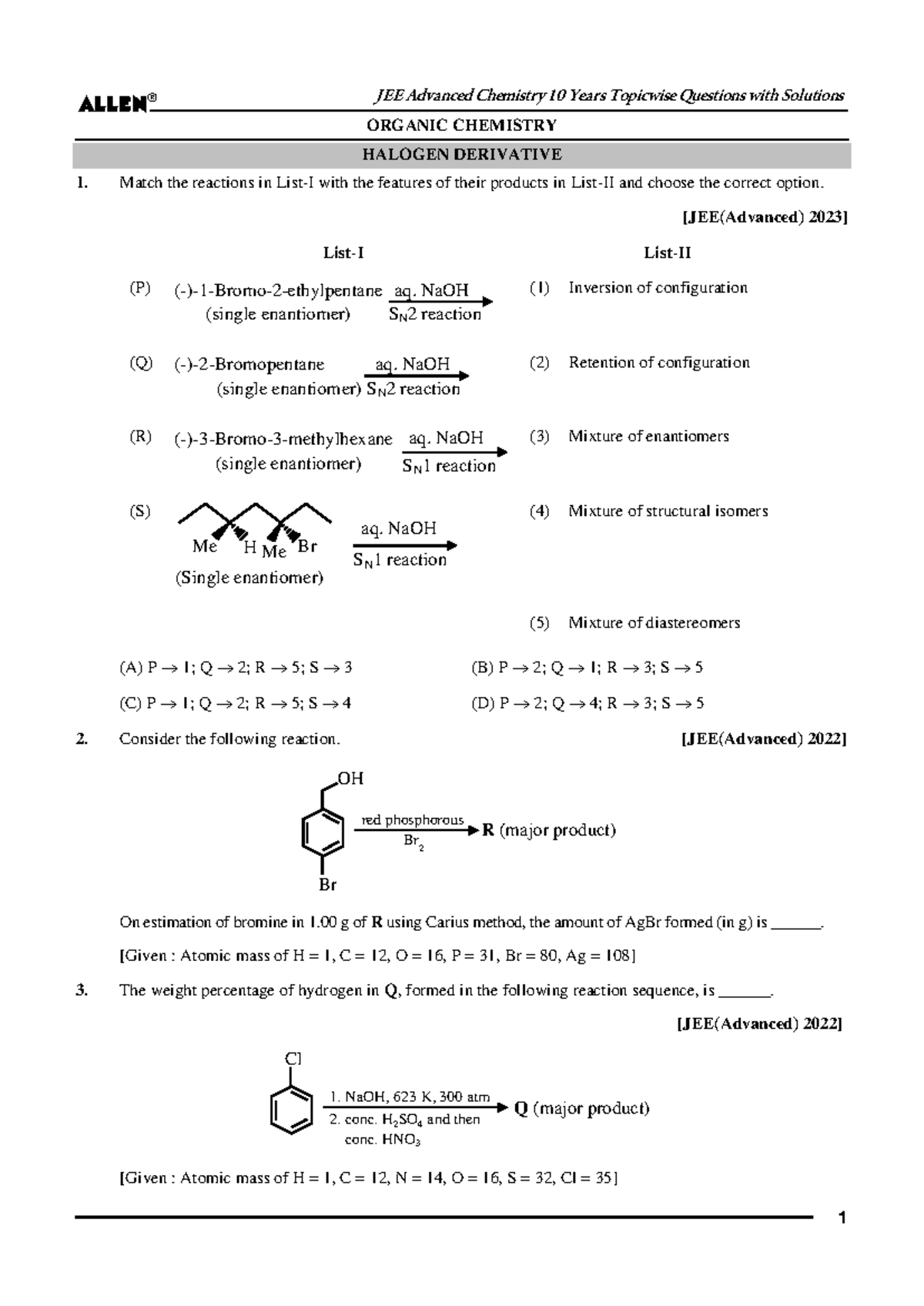 JEE Advanced Chemistry 10 Years Topicwise Questions on Halogen ...