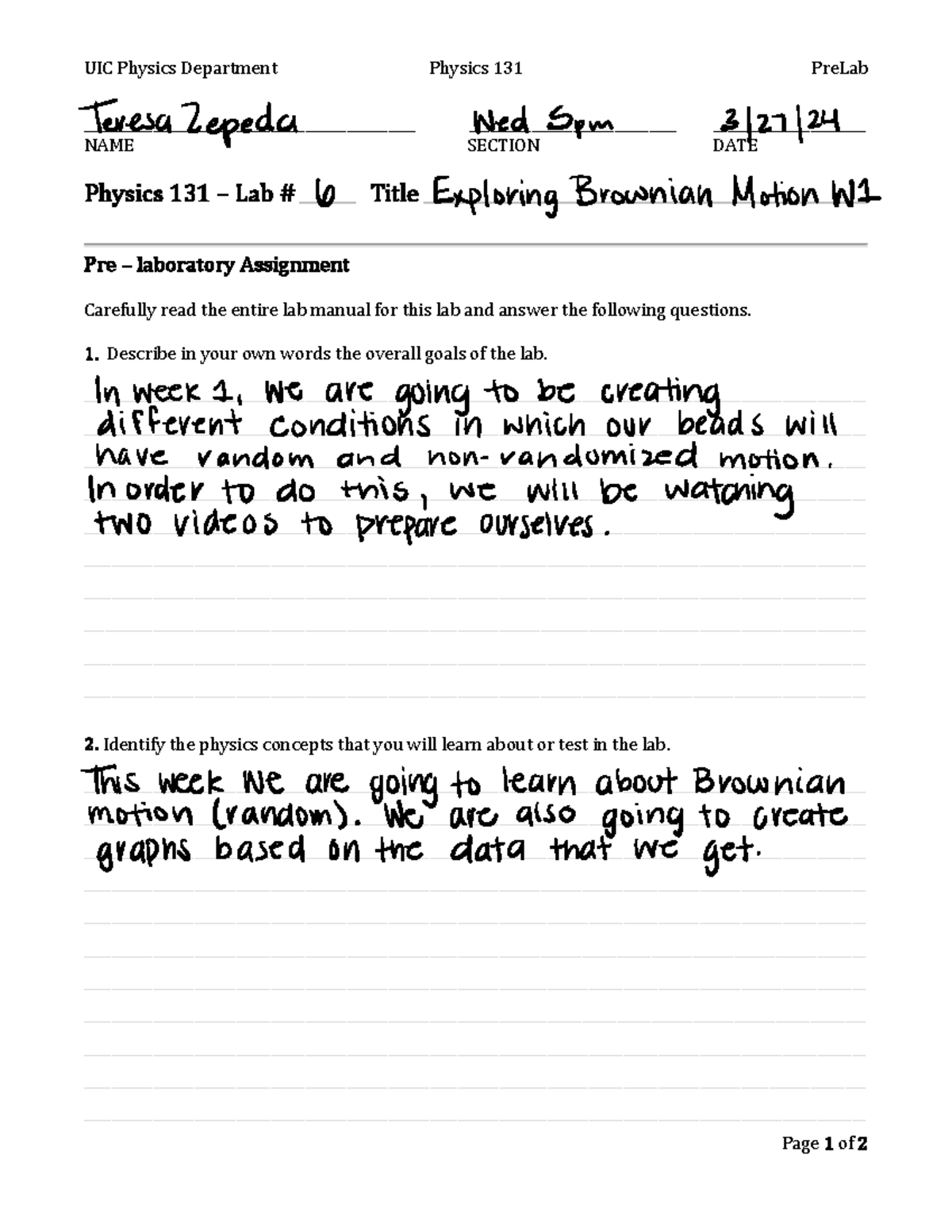 Lab 6 Pt 1 - Physics lab 6 - UIC Physics Department Physics 131 PreLab ...