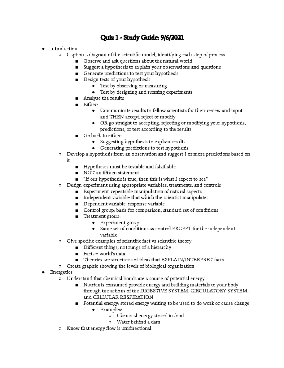 Biology 1101 Quiz 1 - Comprehensive Study Guide and Key Concepts - Studocu
