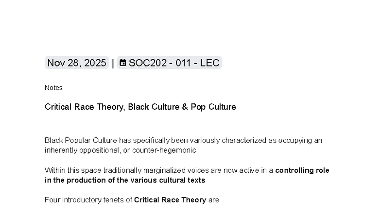 SOC202 011 LEC Week 10 Notes on Critical Race Theory & Culture - Studocu