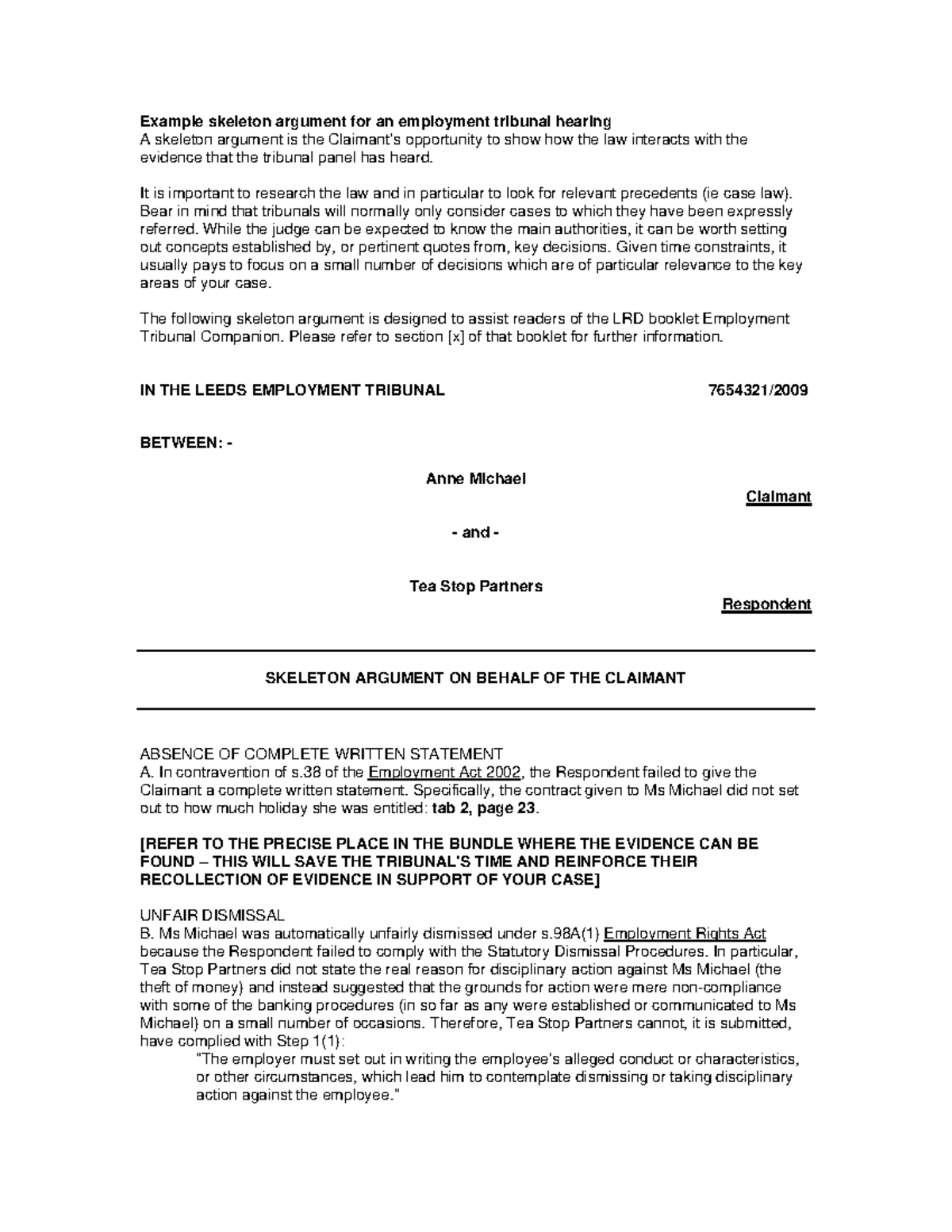 Employment Tribunal Skeleton Argument for Claimant: Anne Michael - Studocu