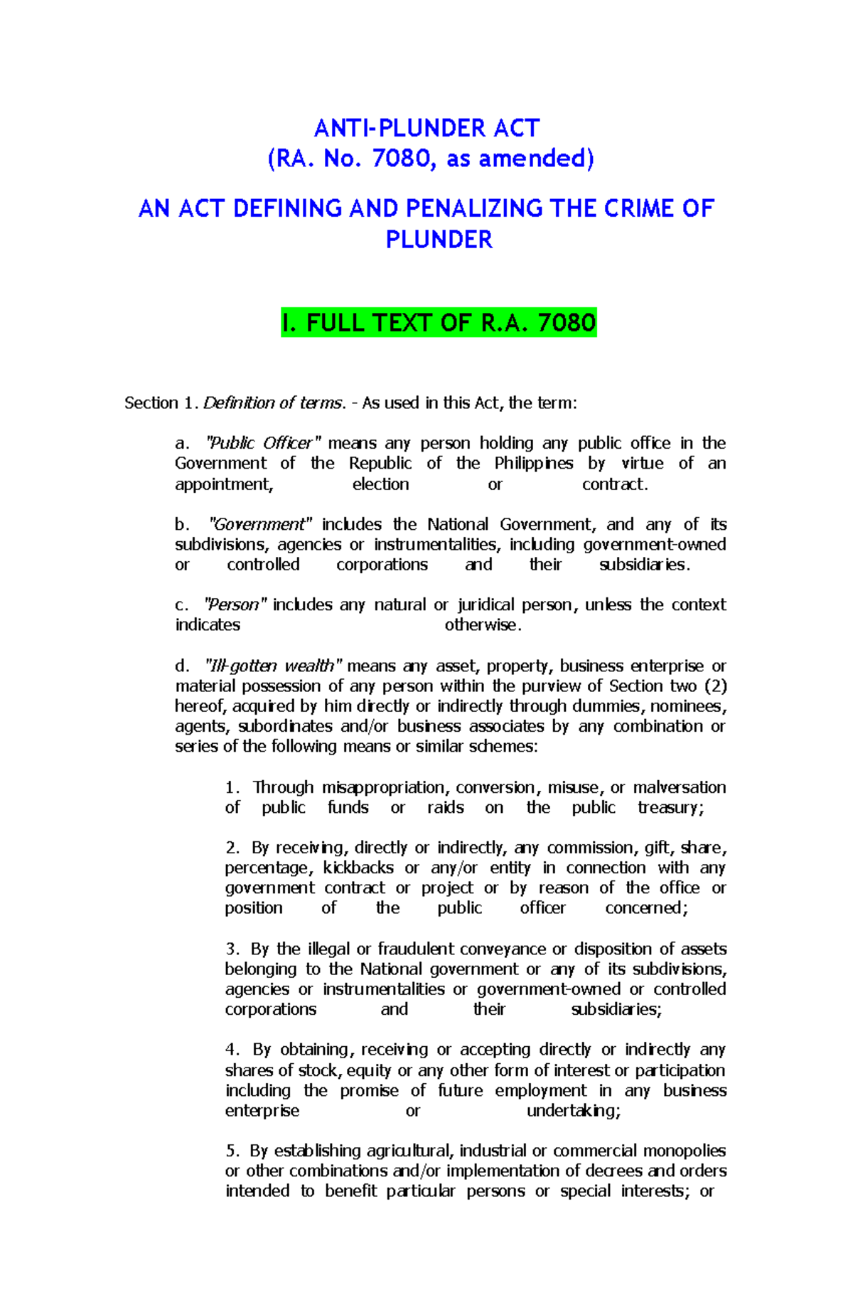 RA 7080: Anti-Plunder Act - Important Notes and Provisions - Studocu