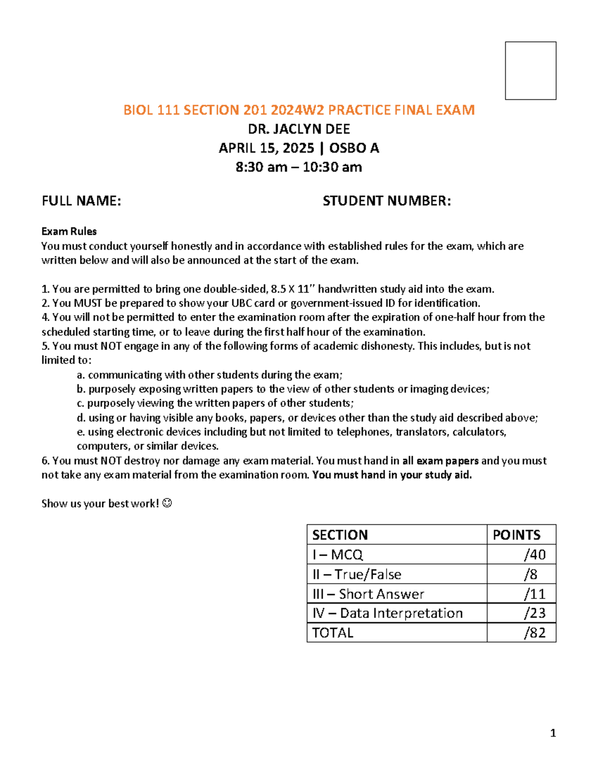BIOL 111 Practice Final Exam Guide for 2024W2 by Dr. Jaclyn Dee - Studocu