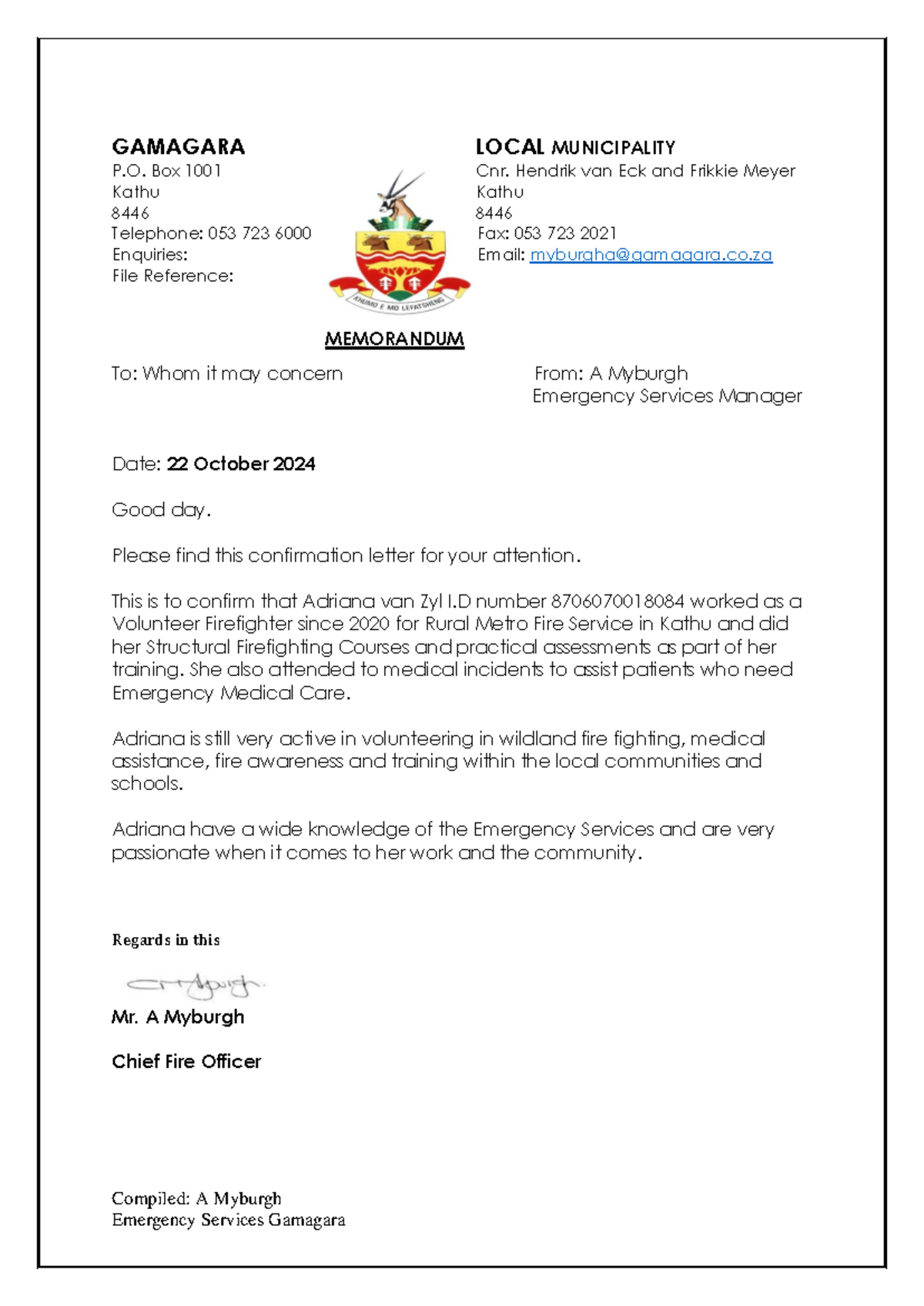 GAMAGARA LOCAL MUNICIPALITY Volunteer Firefighter Confirmation Letter ...