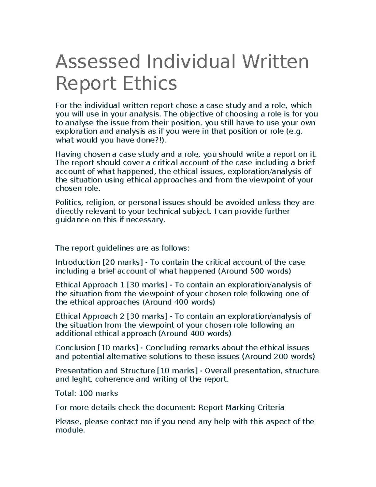 Assessed Individual Written Report on Ethics Case Study Analysis - Studocu
