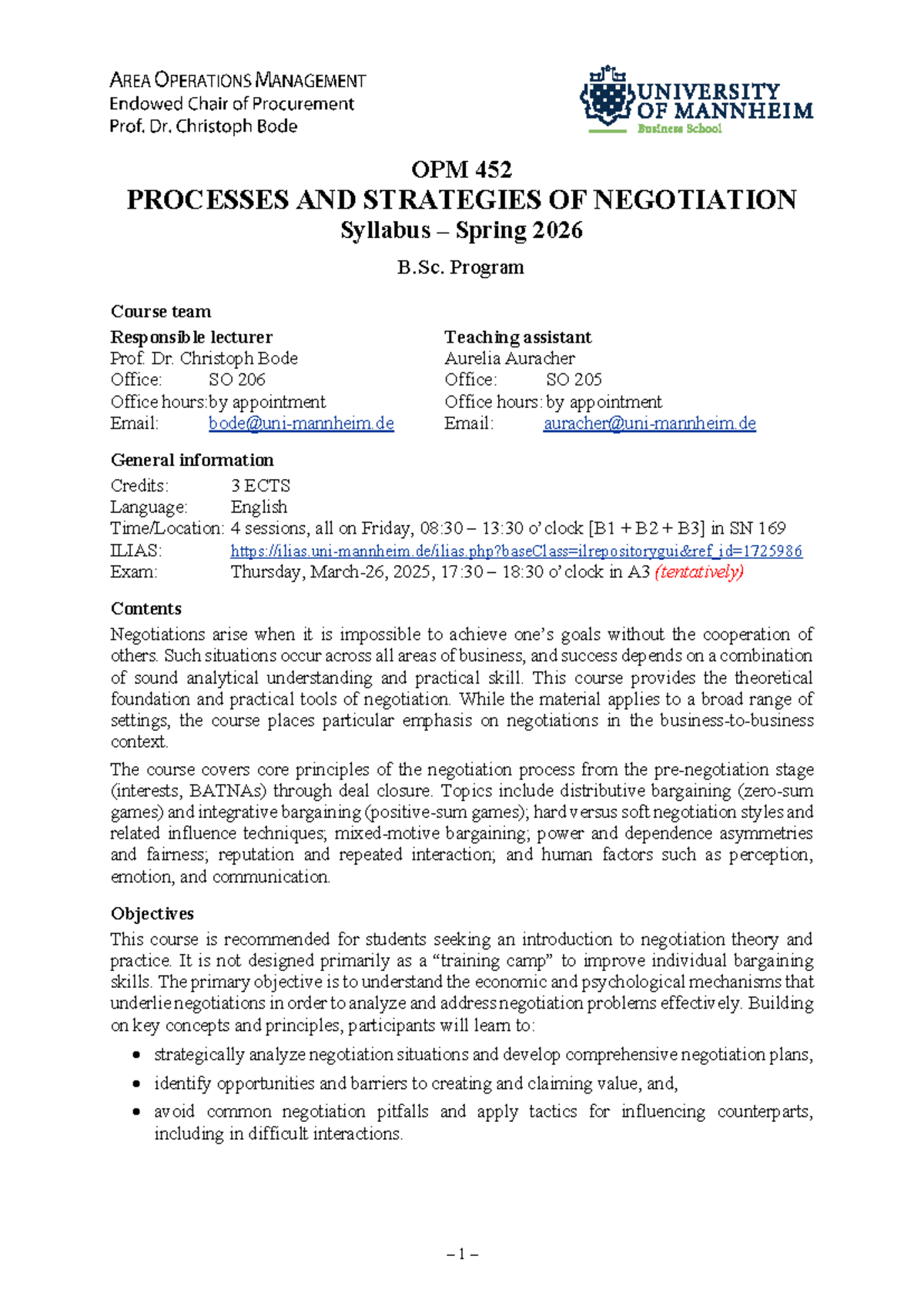 OPM 452 - Negotiation Processes & Strategies Syllabus Spring 2026 - Studocu