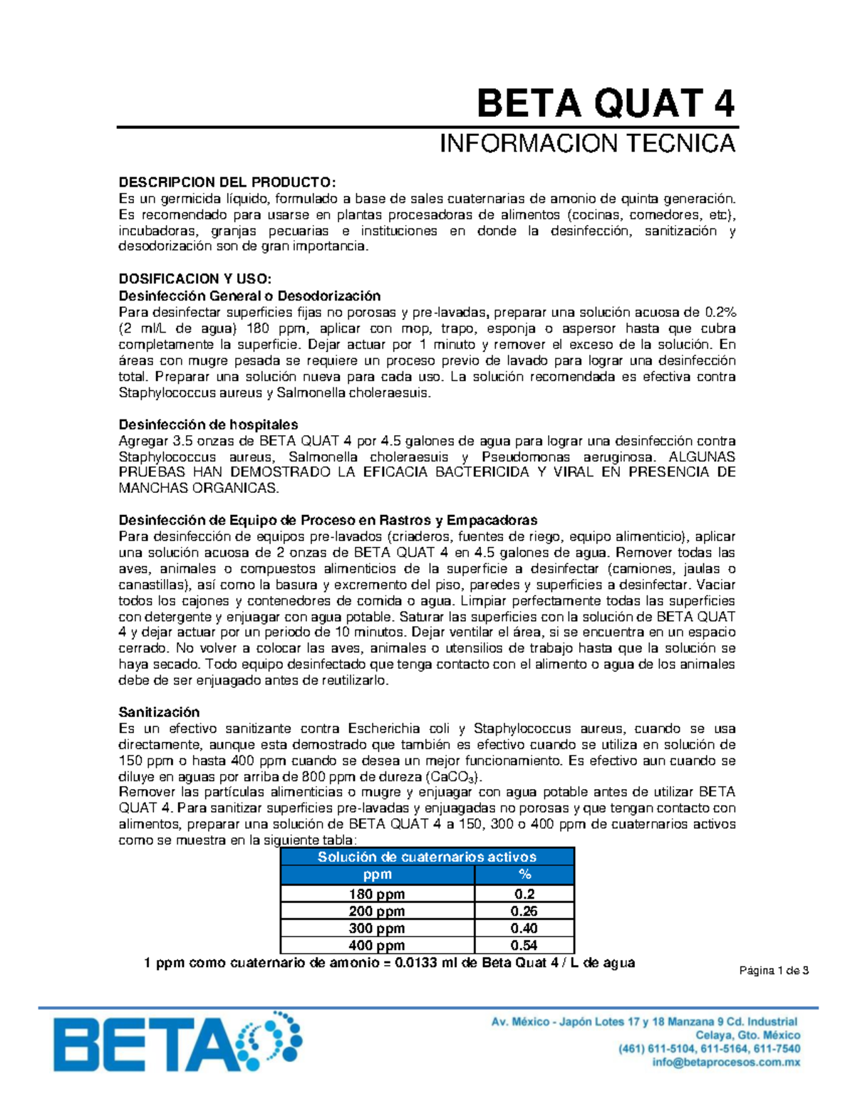 Ficha Técnica del Germicida BETA QUAT 4 para Desinfección y ...