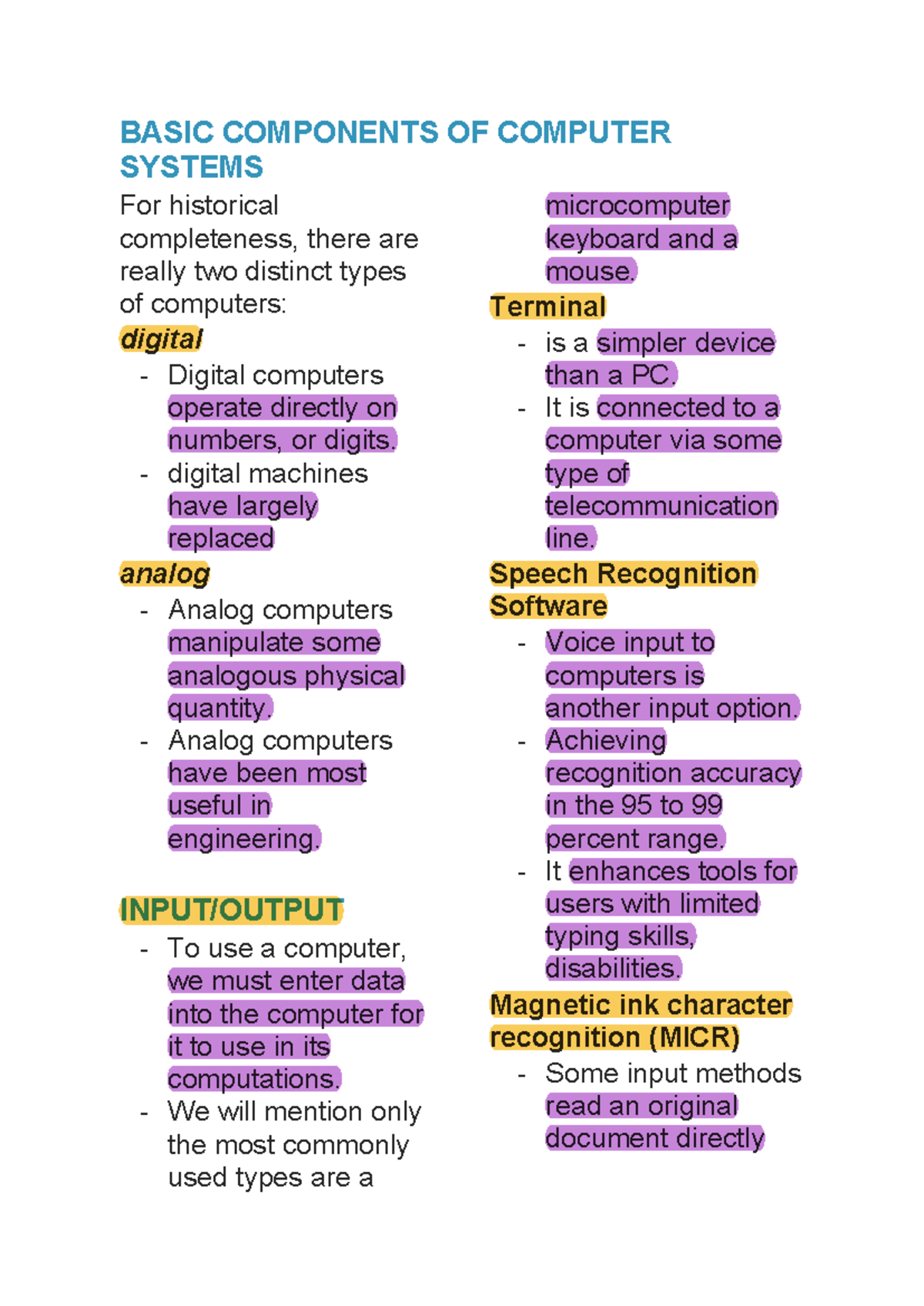 BASIC COMPONENTS OF COMPUTER SYSTEMS - PRE 3 Notes - Studocu