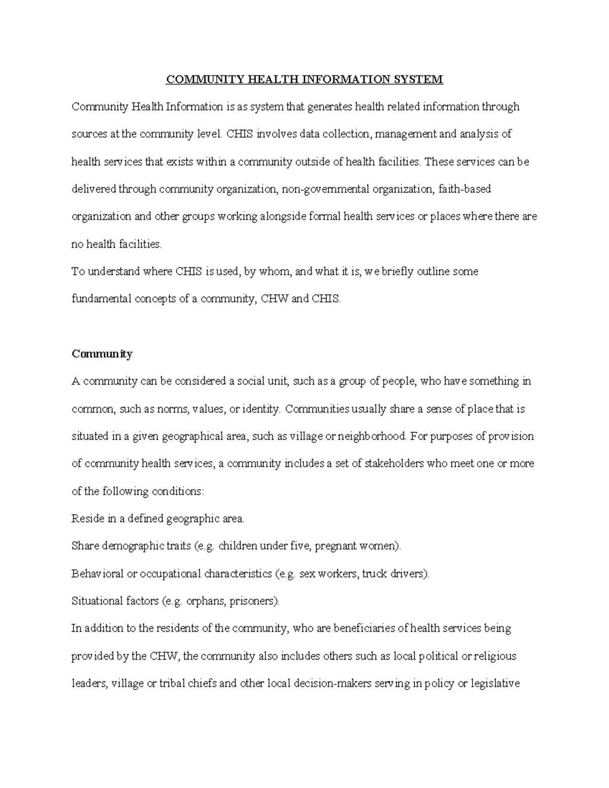 Community Health Information System (CHIS) Overview and Insights - Studocu