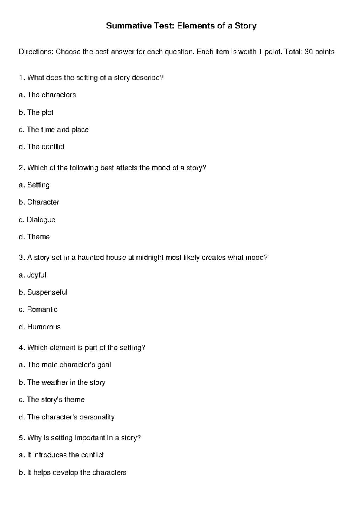 UNIT TEST 3: Elements of a Story Assessment - Studocu