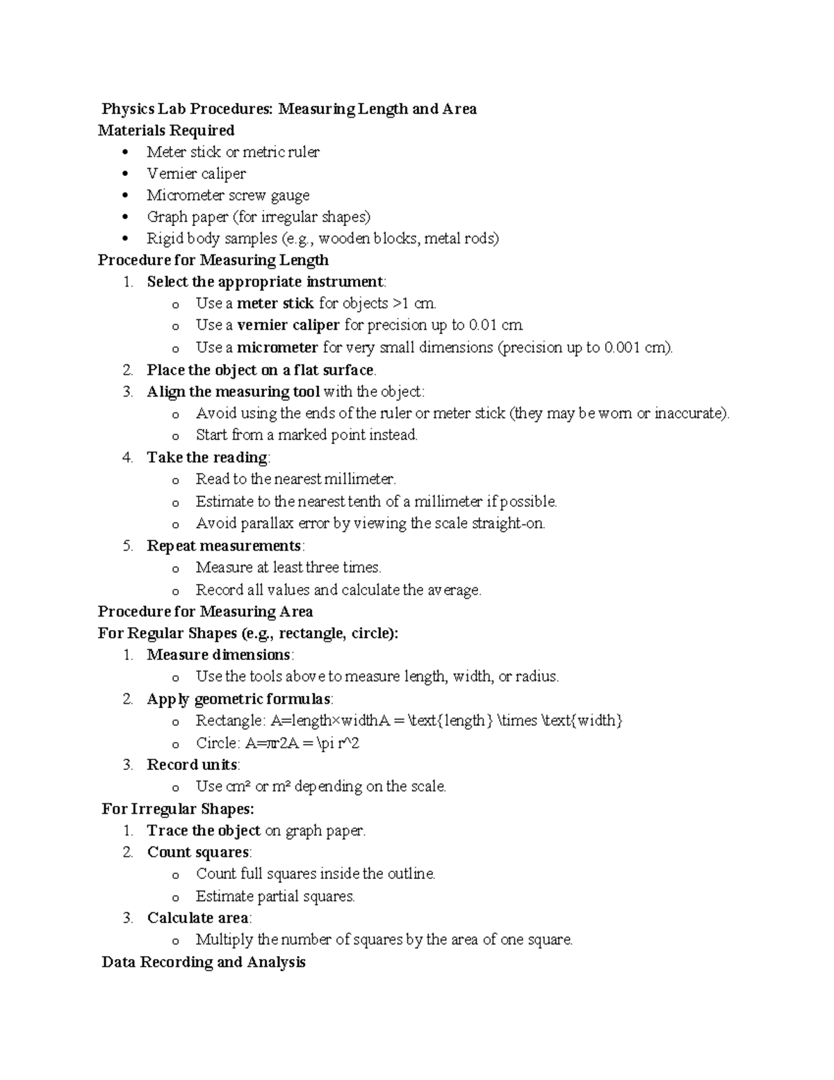 Physics Lab Procedures: Measuring Length & Area Techniques - Studocu