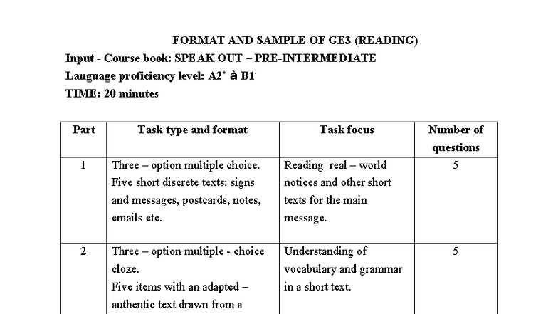 Reading Sample Test for GE3 (B1) - Speak Out Course - Studocu