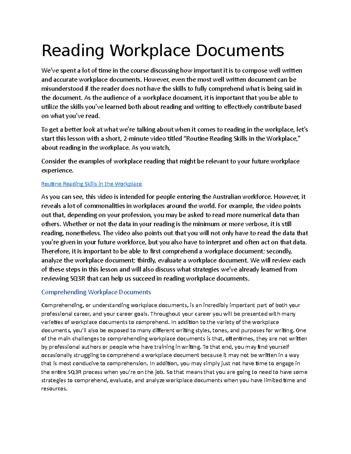 Reading Workplace Documents - Reading Workplace Documents We've spent a ...