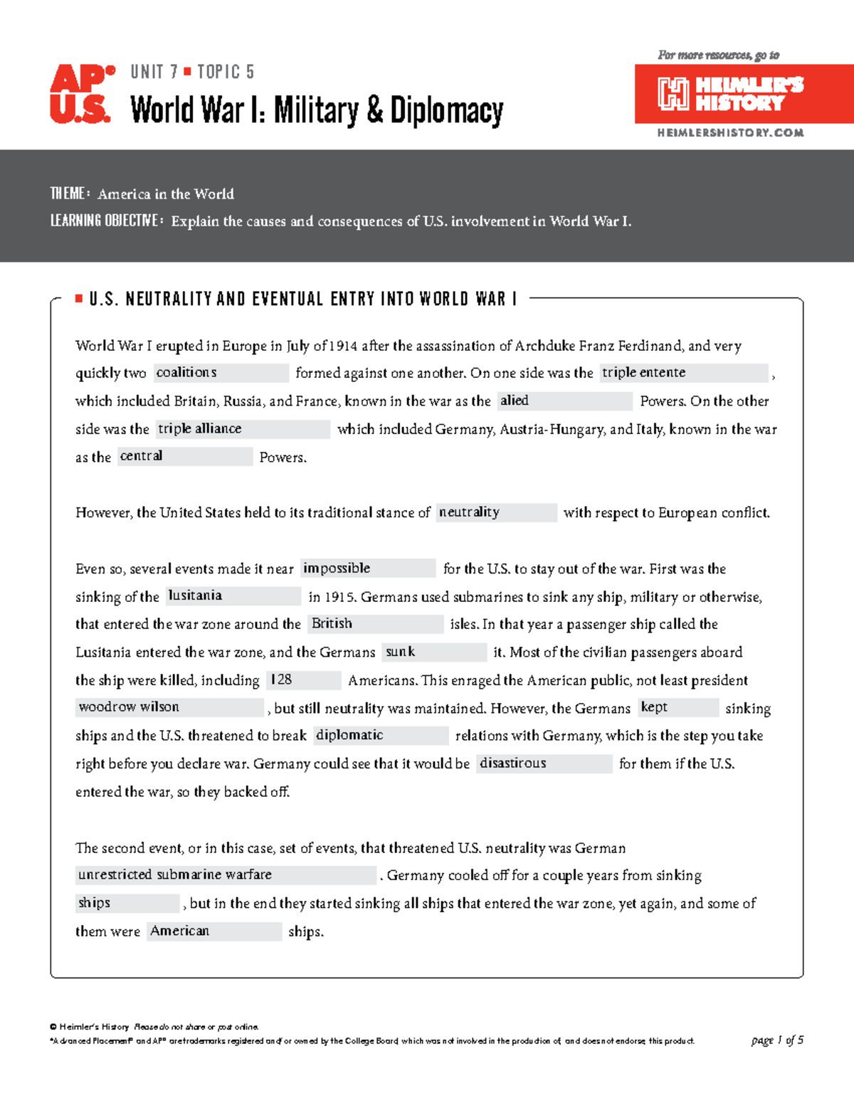 AP US Unit 7 Topic 5: Causes & Impact of U.S. Involvement in WWI - Studocu