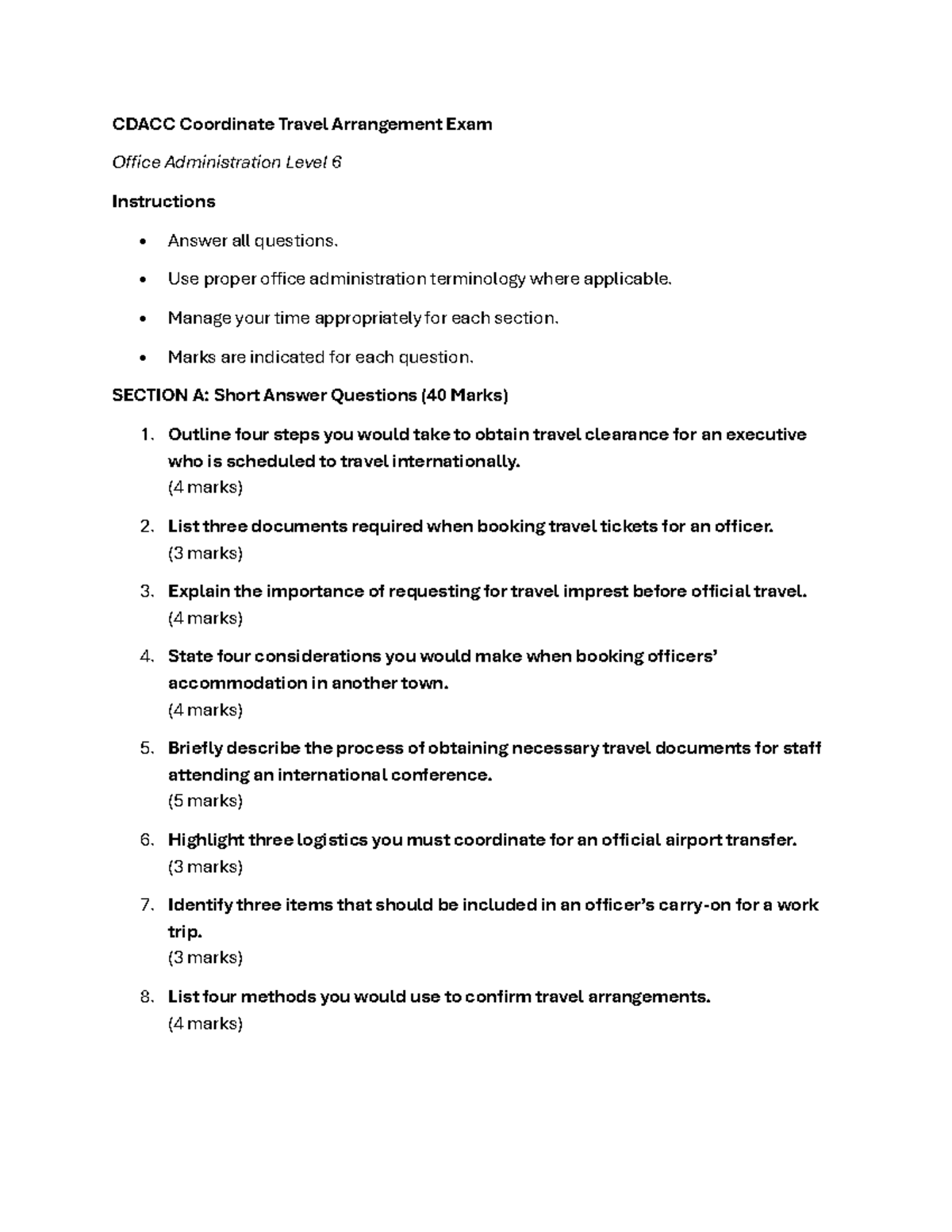 CDACC Level 6 Exam: Travel Arrangement Coordination Guide - Studocu