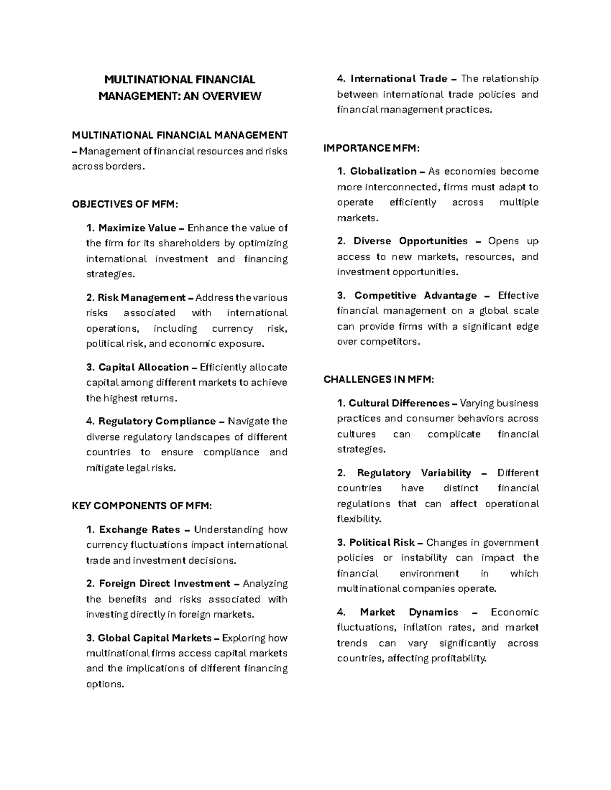 Multinational Financial Management: Key Concepts and Challenges - Studocu