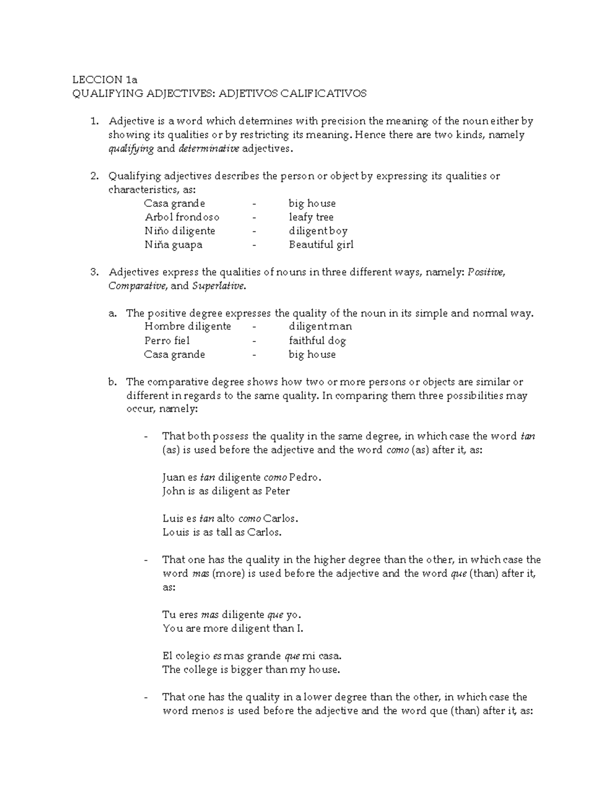 Foreign Language Module 1 - LECCION 1a QUALIFYING ADJECTIVES: ADJETIVOS CALIFICATIVOS 1 ...