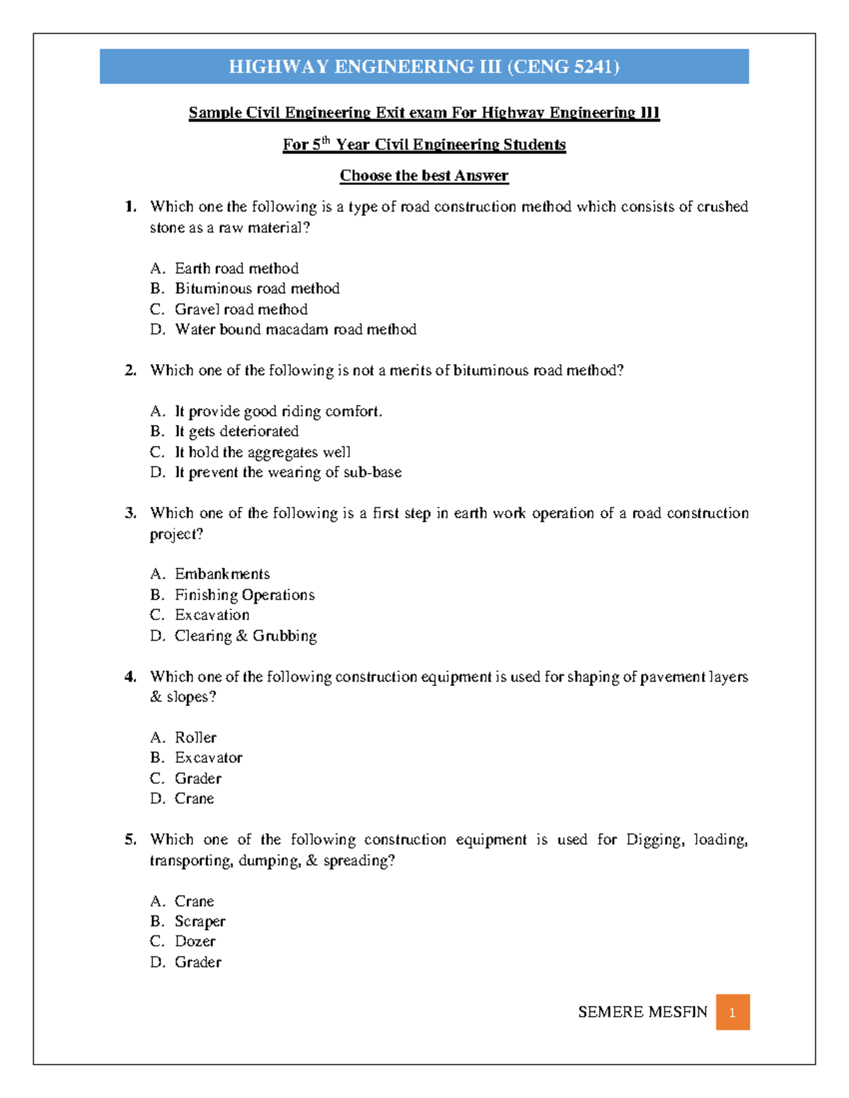 Sample Highway Engineering Exit Exam 065705 - Sample Civil Engineering ...