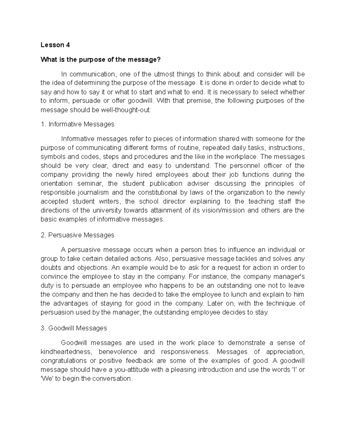 Lesson 4: Understanding the Purpose of a Message in Communication - Studocu