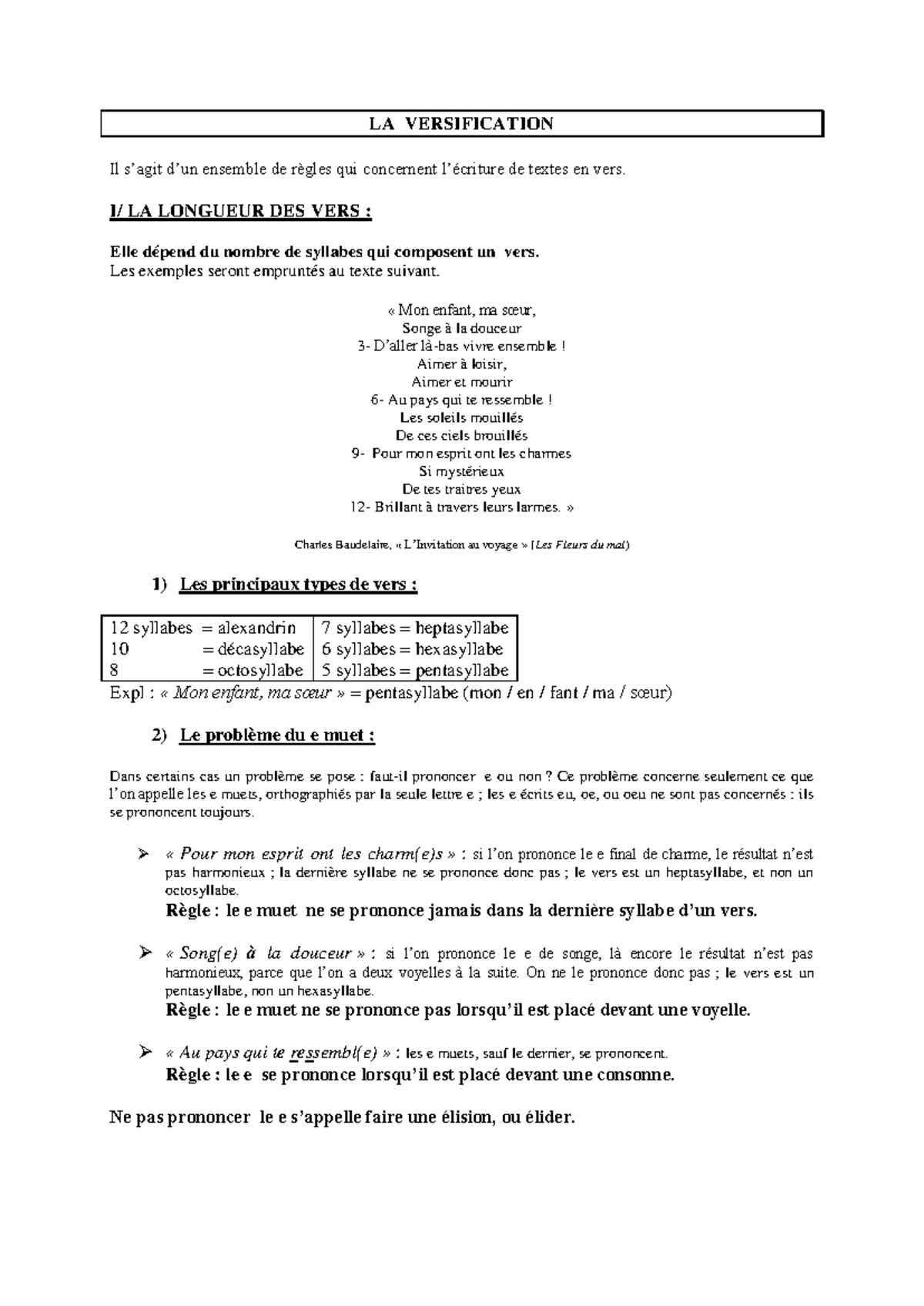 Leçon sur la Versification en Poésie : Règles et Types de Vers - Studocu