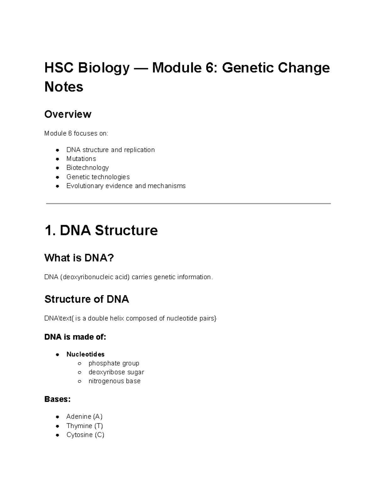 HSC Biology Module 6: Genetic Change Overview and Key Concepts - Studocu