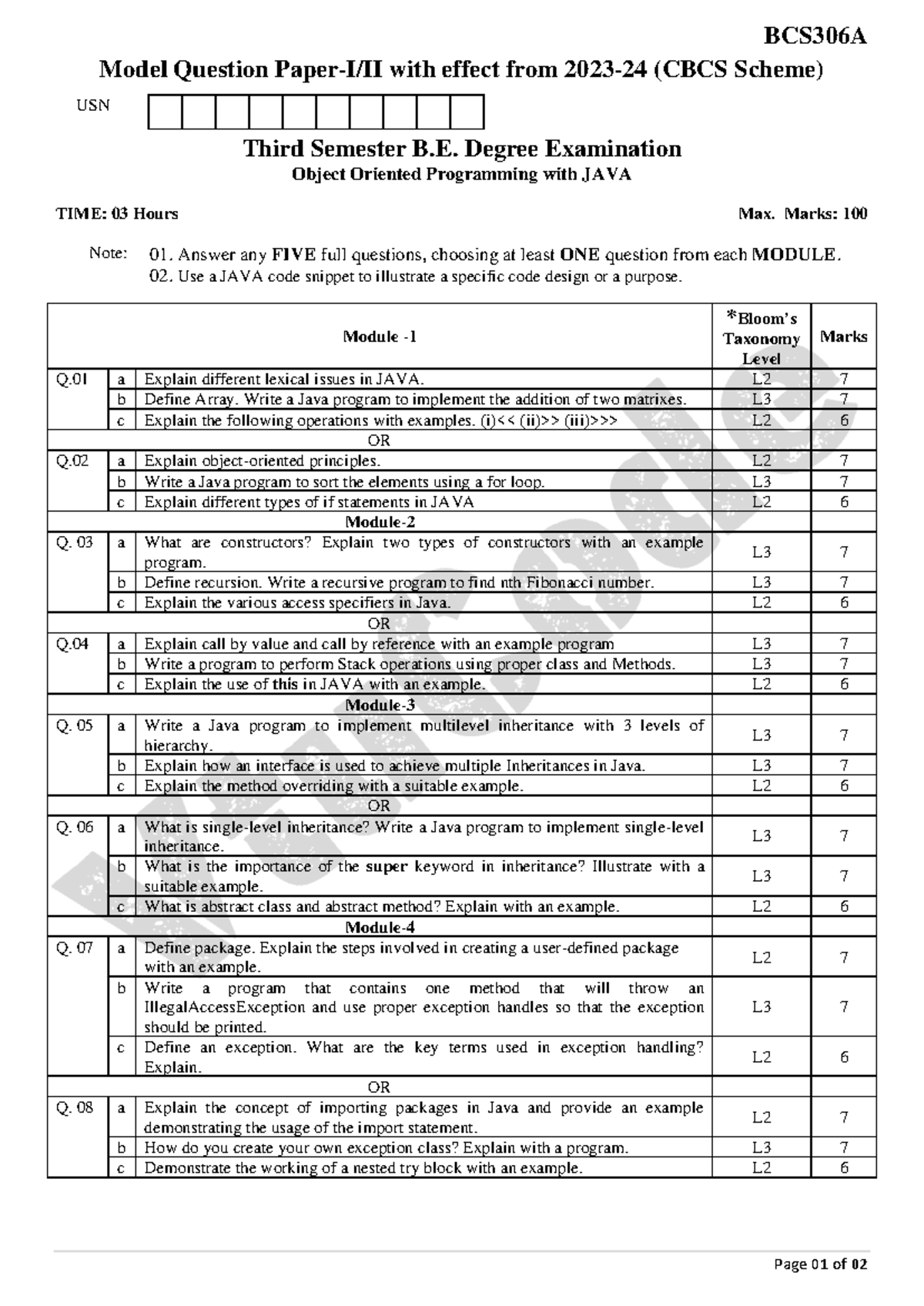 BCS306A - OOP with JAVA Model Questions & Solved Papers (2023-24) - Studocu