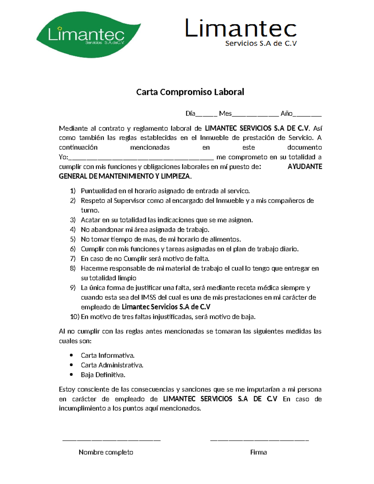 Carta Compromiso Laboral - LIMANTEC SERVICIOS S.A. DE C.V. - Studocu