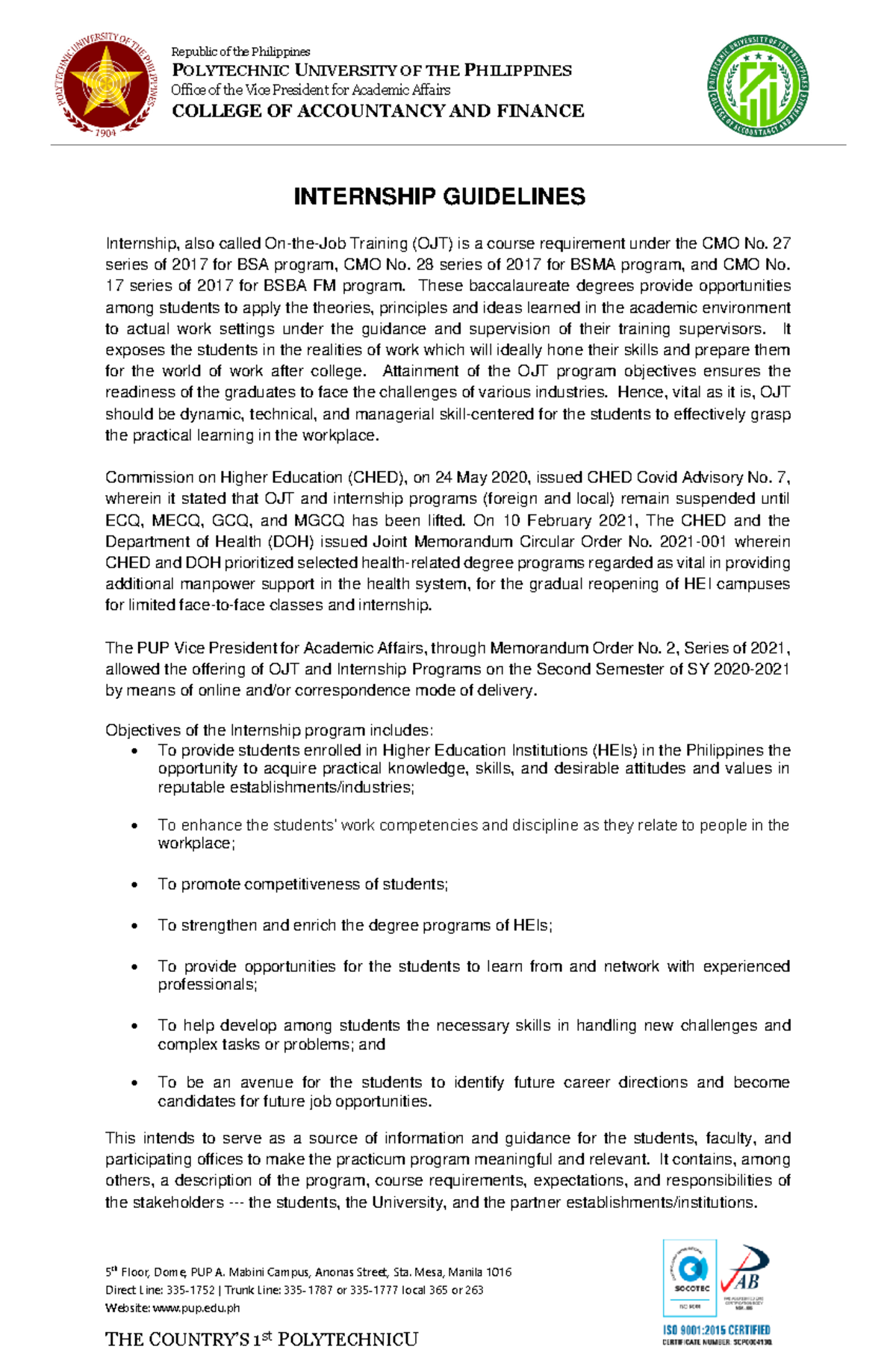 CAF Internship Guidelines and Requirements for OJT Students - Studocu