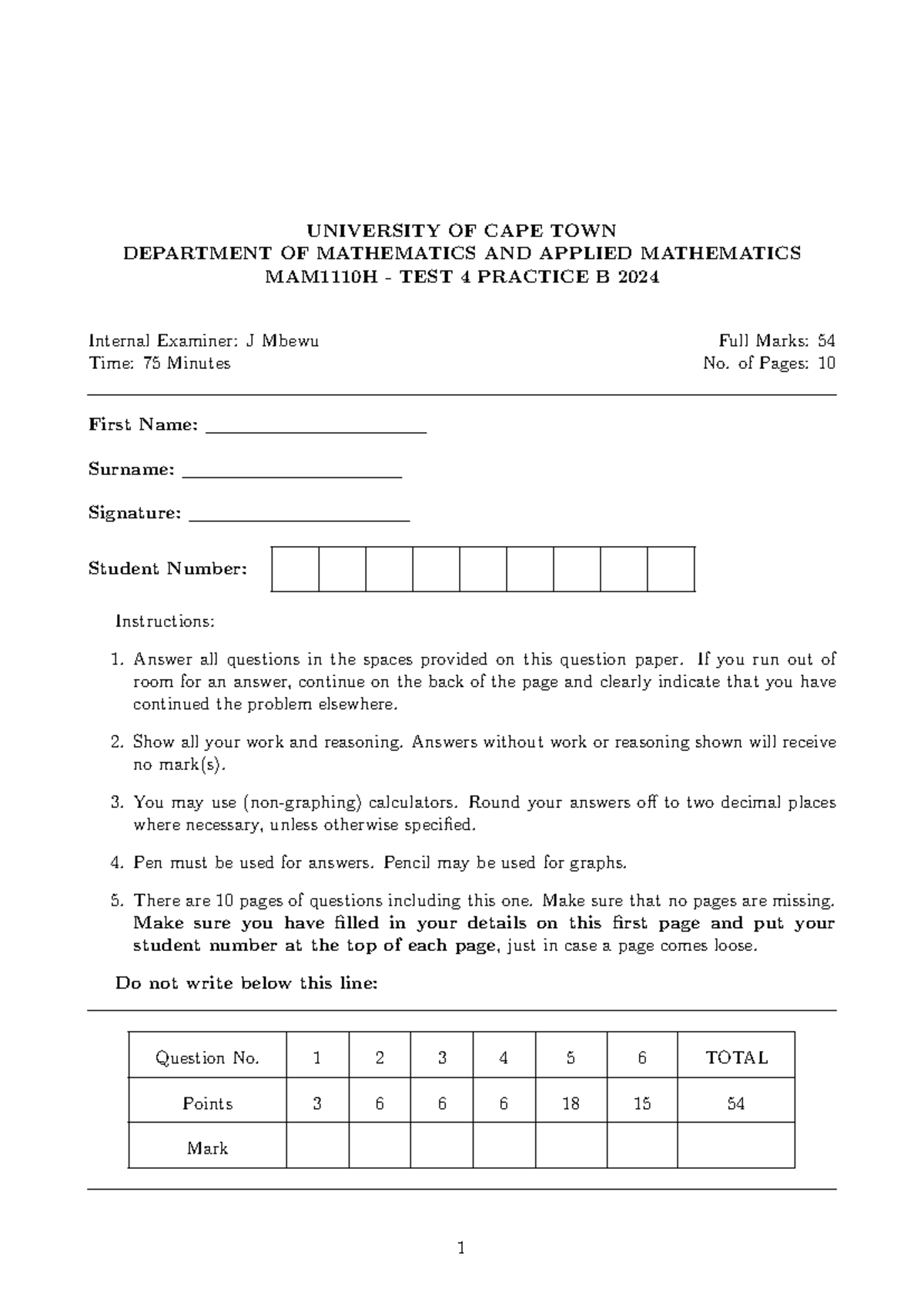 MAM1110H Test 4 Practice B - Mathematics & Applied Mathematics 2024 ...