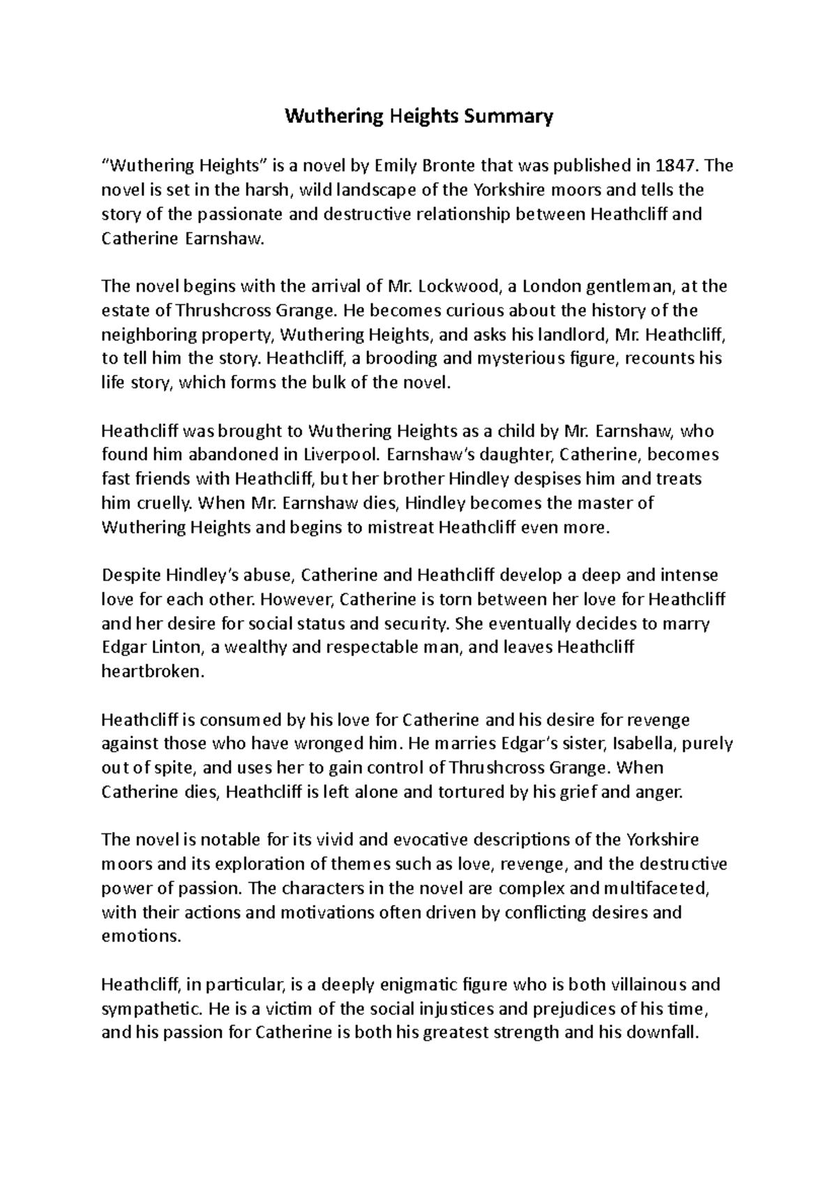 Wuthering Heights Summary - Wuthering Heights Summary “Wuthering ...