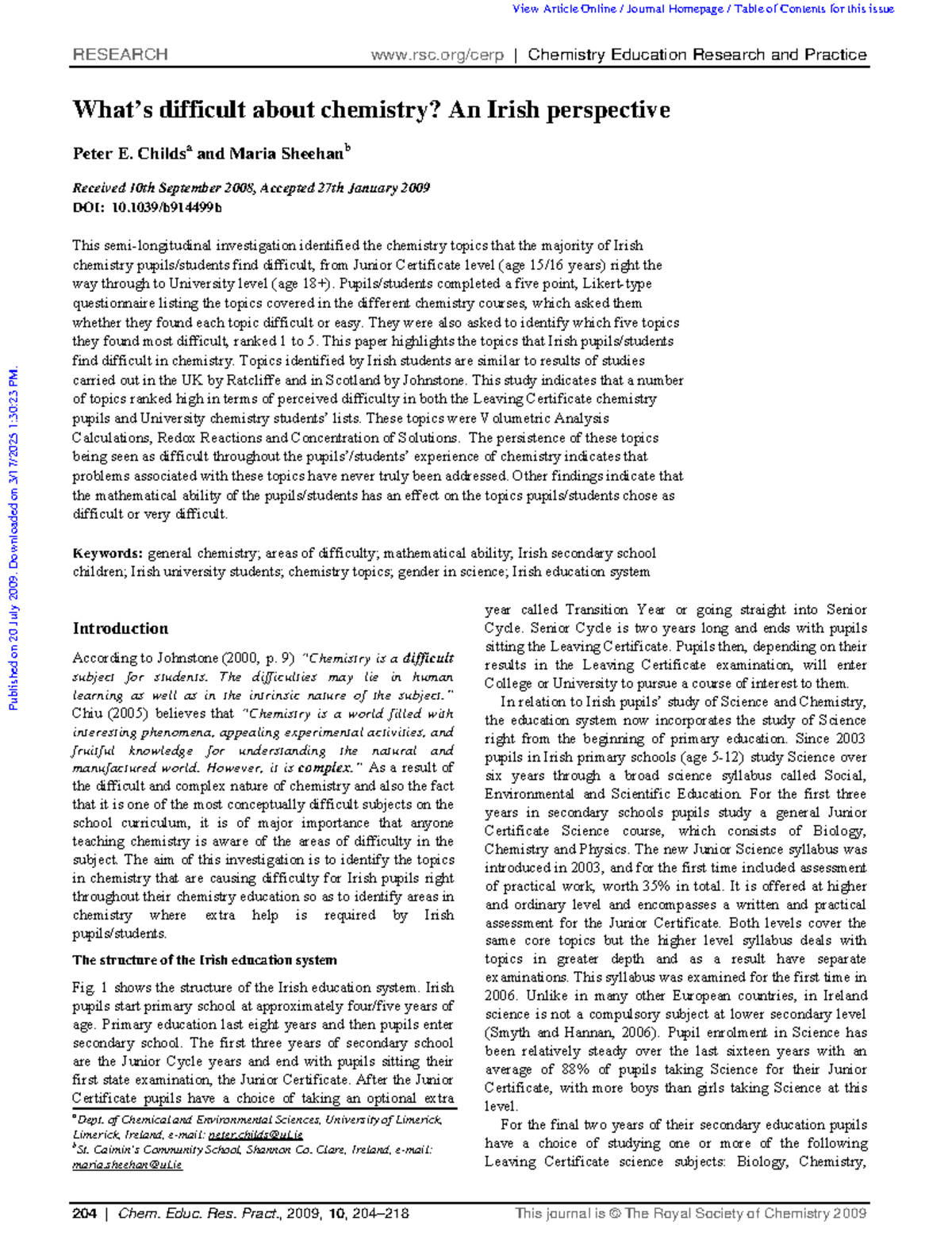 Identifying Difficult Chemistry Topics for Irish Students: A Study ...