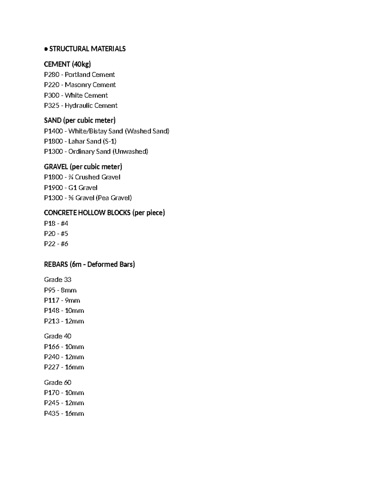 Structural Materials Pricing List for Construction Supplies - Studocu