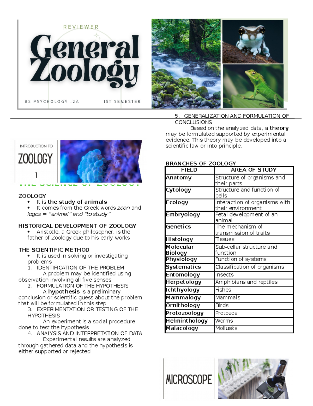 General Zoology - Reviewer - 1st Sem: Key Concepts & Cell Structures - Studocu