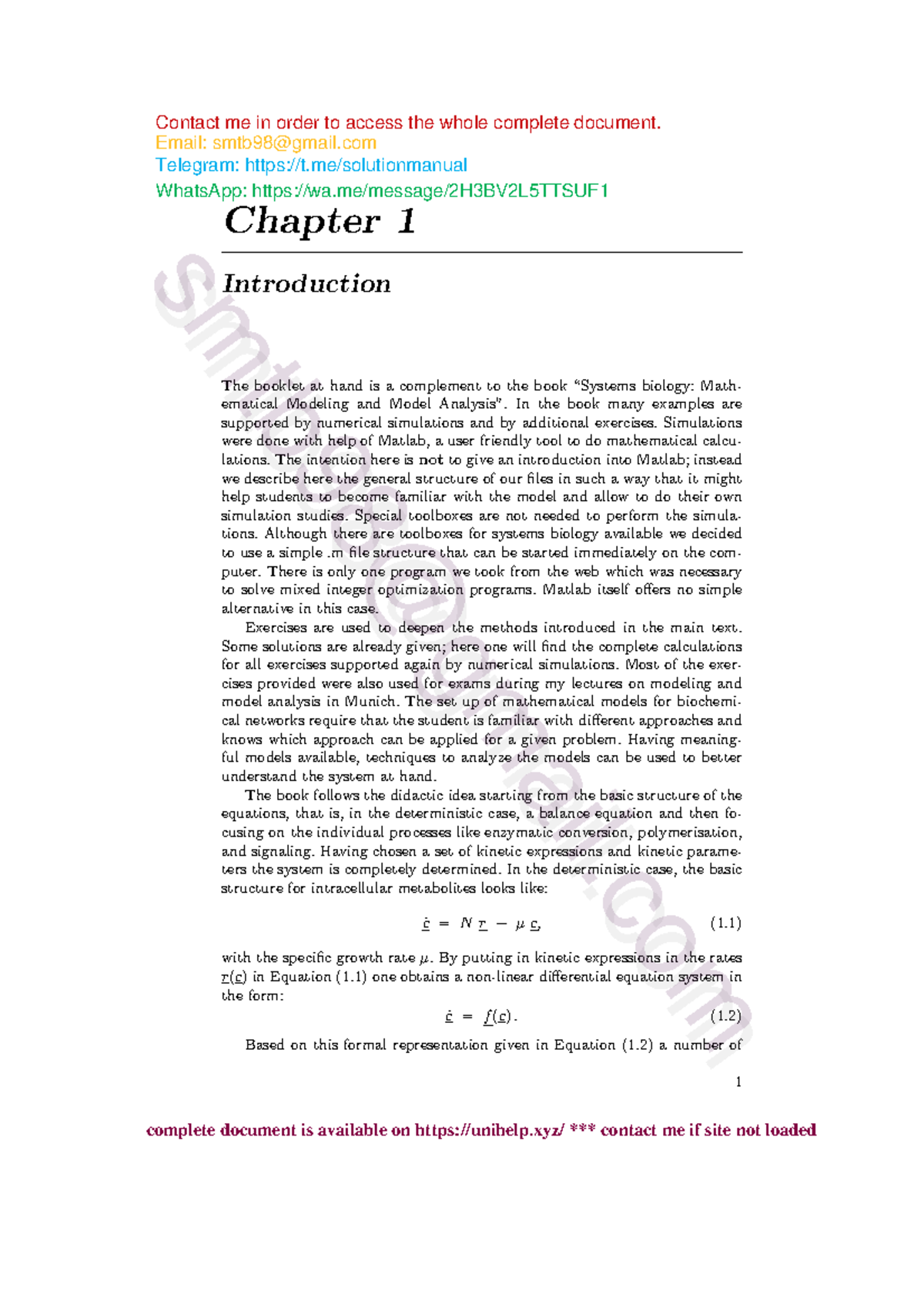 Solution Manual for Systems Biology (SYSB 101): Chapter 1 Overview ...