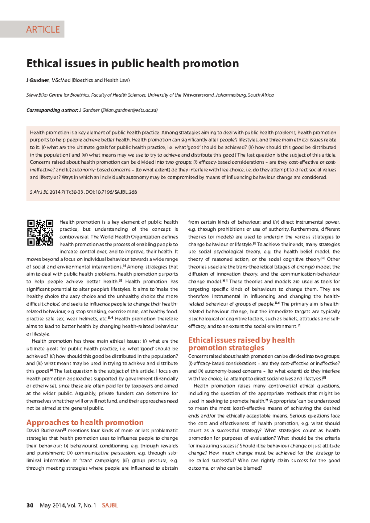 Ethical Issues in Health Promotion: A Critical Analysis (SAJBL) - Studocu