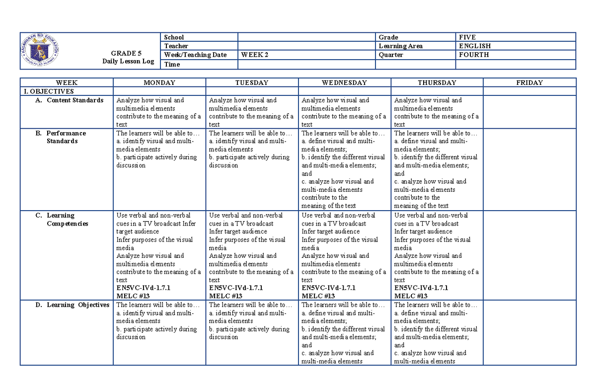 W2 Q4 ENGLISH 5 - Daily Lesson Log on Multimedia Elements - Studocu