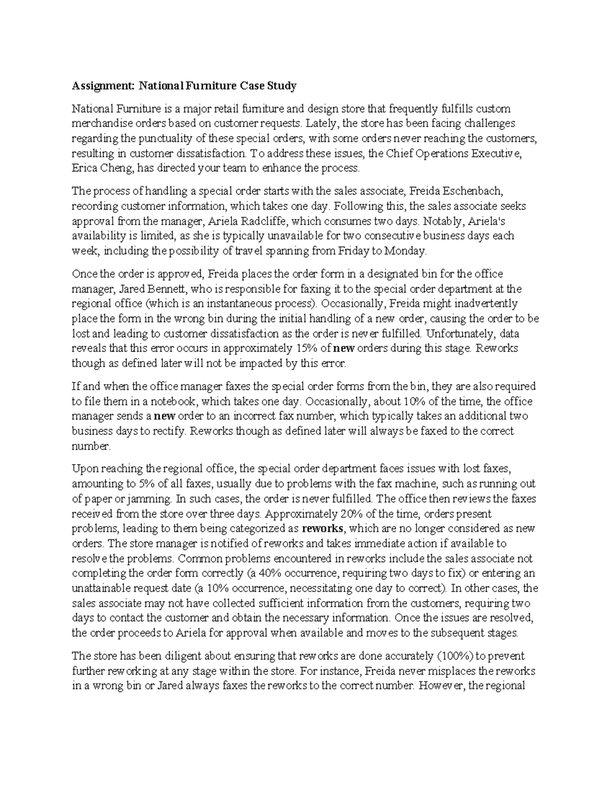 National Furniture Case Study Assignment: Process Improvement Analysis ...