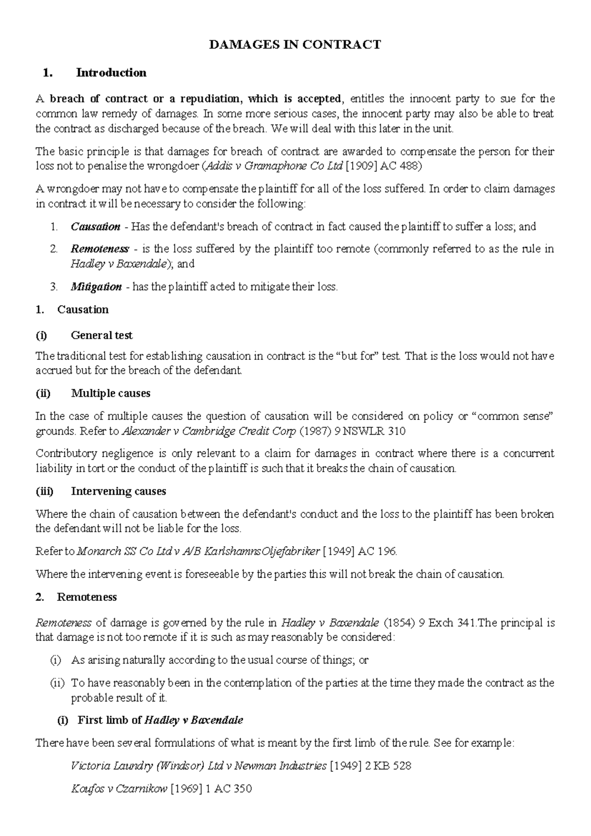 Damages in Contract: Key Principles and Case Law - Lecturer Notes - Studocu