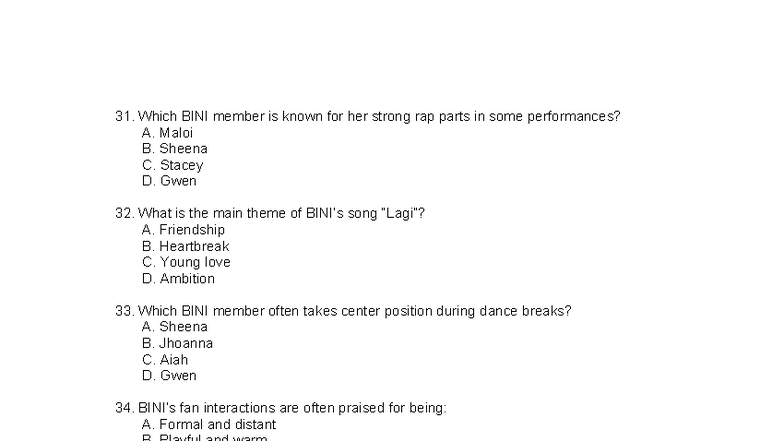 BINI Quiz: Member Traits, Themes, and Choreography Insights - Studocu