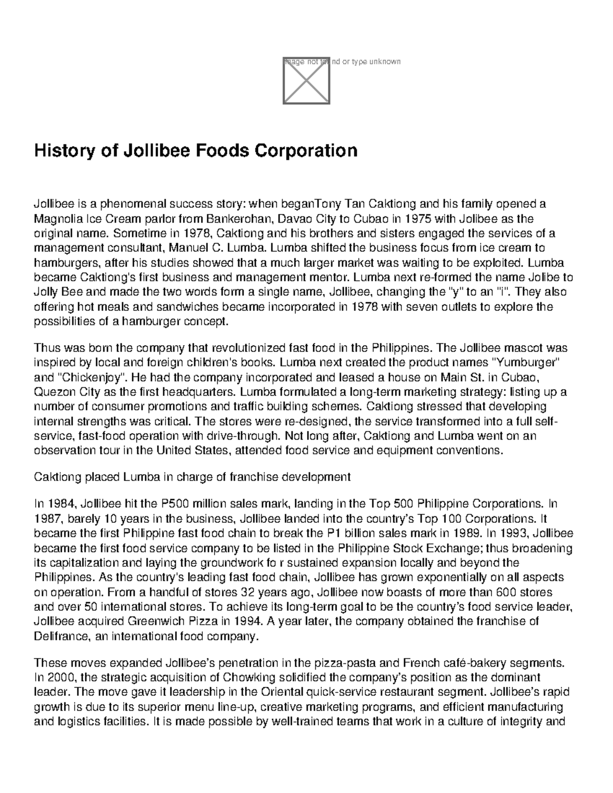 Jollibee Foods Corp: A Historical Overview and Key Milestones - Studocu