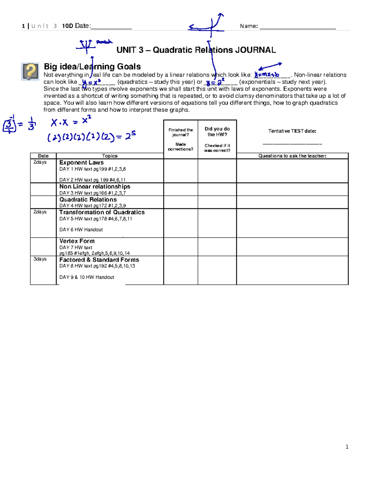 MPM2D Unit 3: Quadratic Relations & Exponent Laws Journal - Studocu