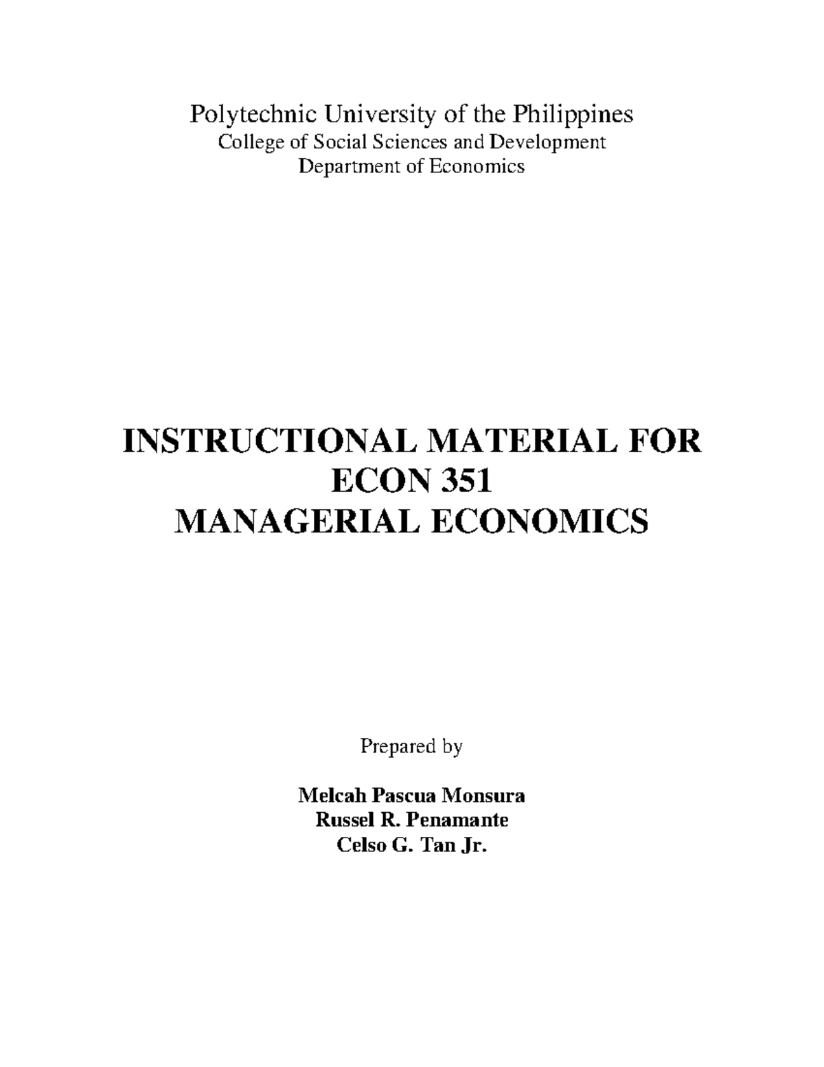 ECON 351 Managerial Economics: Comprehensive Study Guide - Studocu