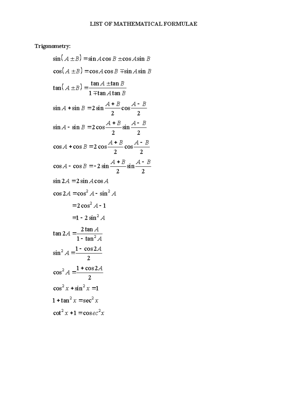 Spm Mathematics Formula Sheet Math Formulas