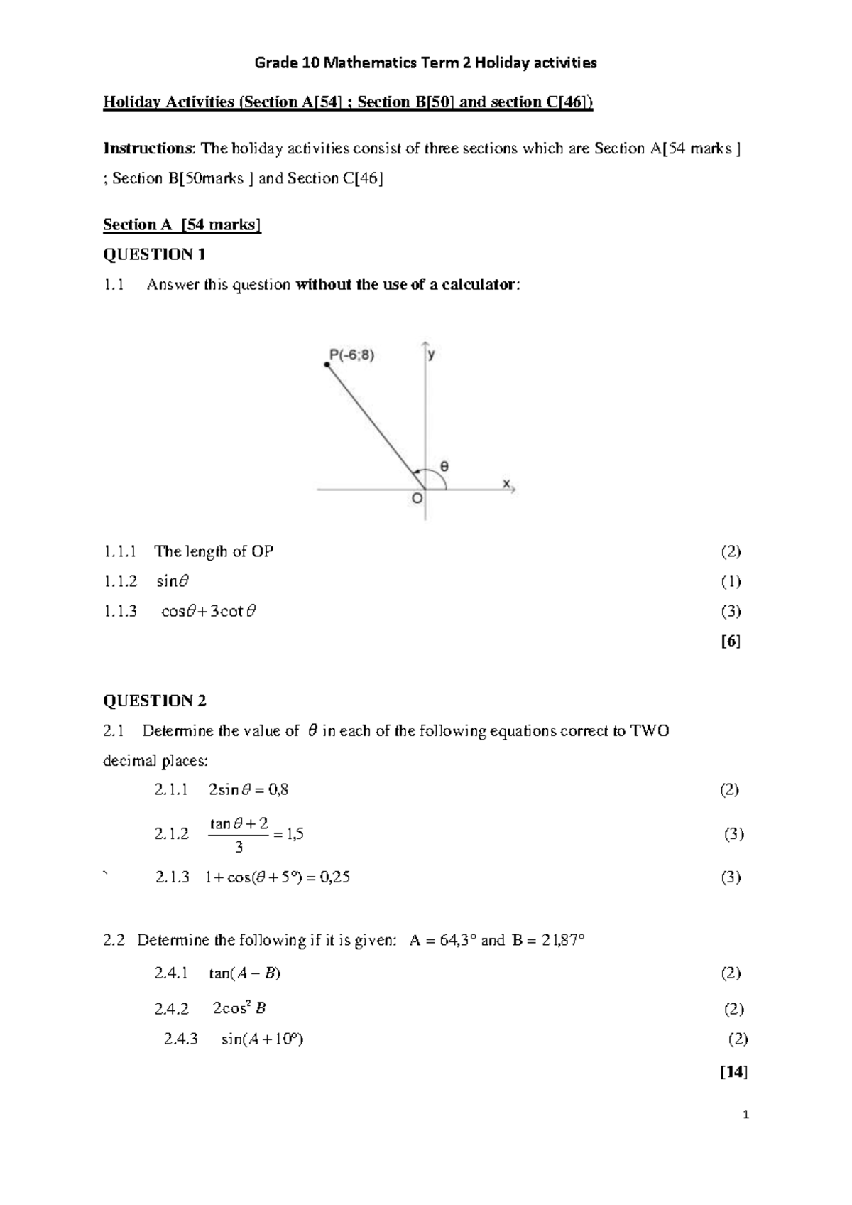 Grade 10 Mathematics Term 2 Holiday Activities: Trigonometric Functions ...