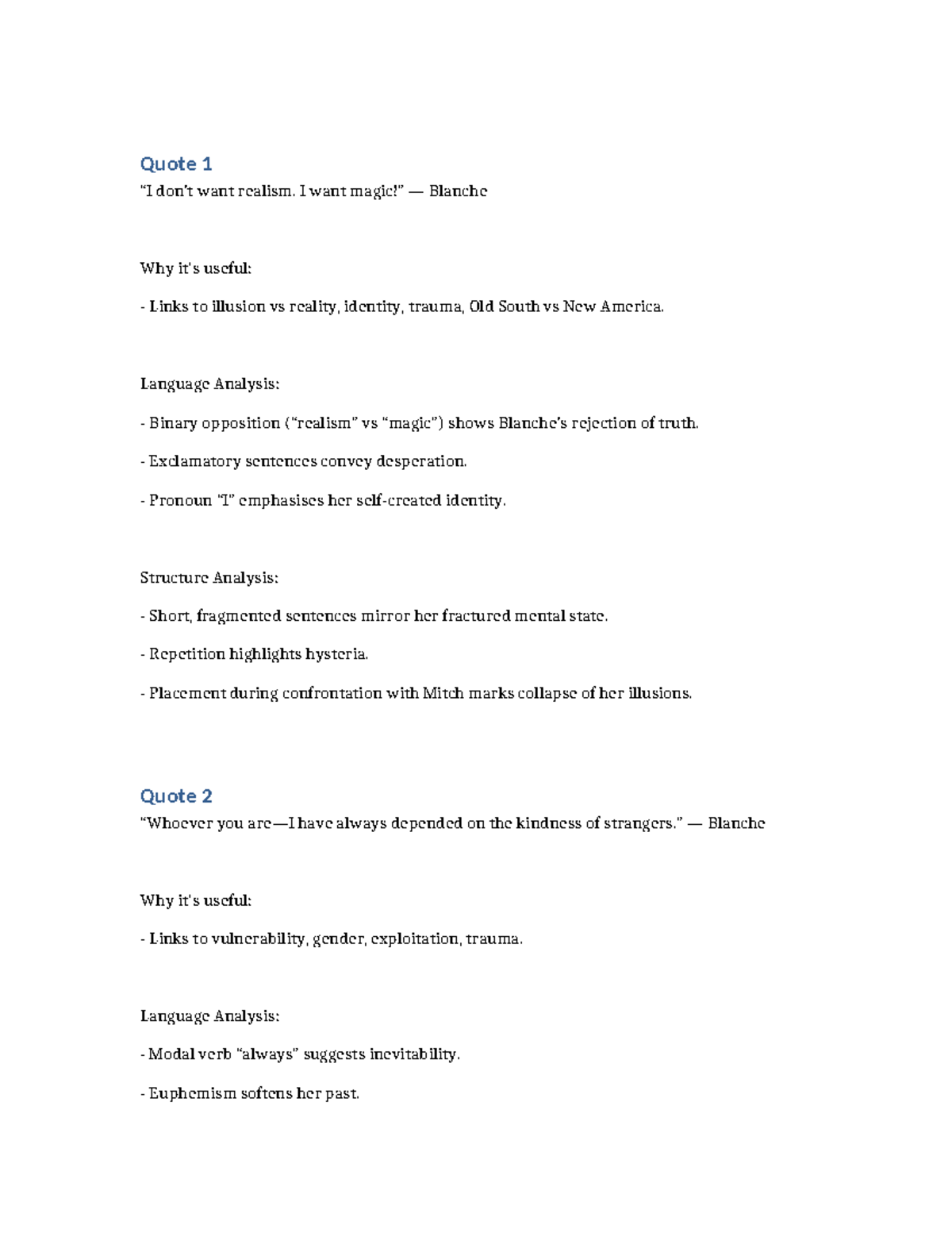 Streetcar Revision Pack: Analyzing Key Quotes and Themes - Studocu
