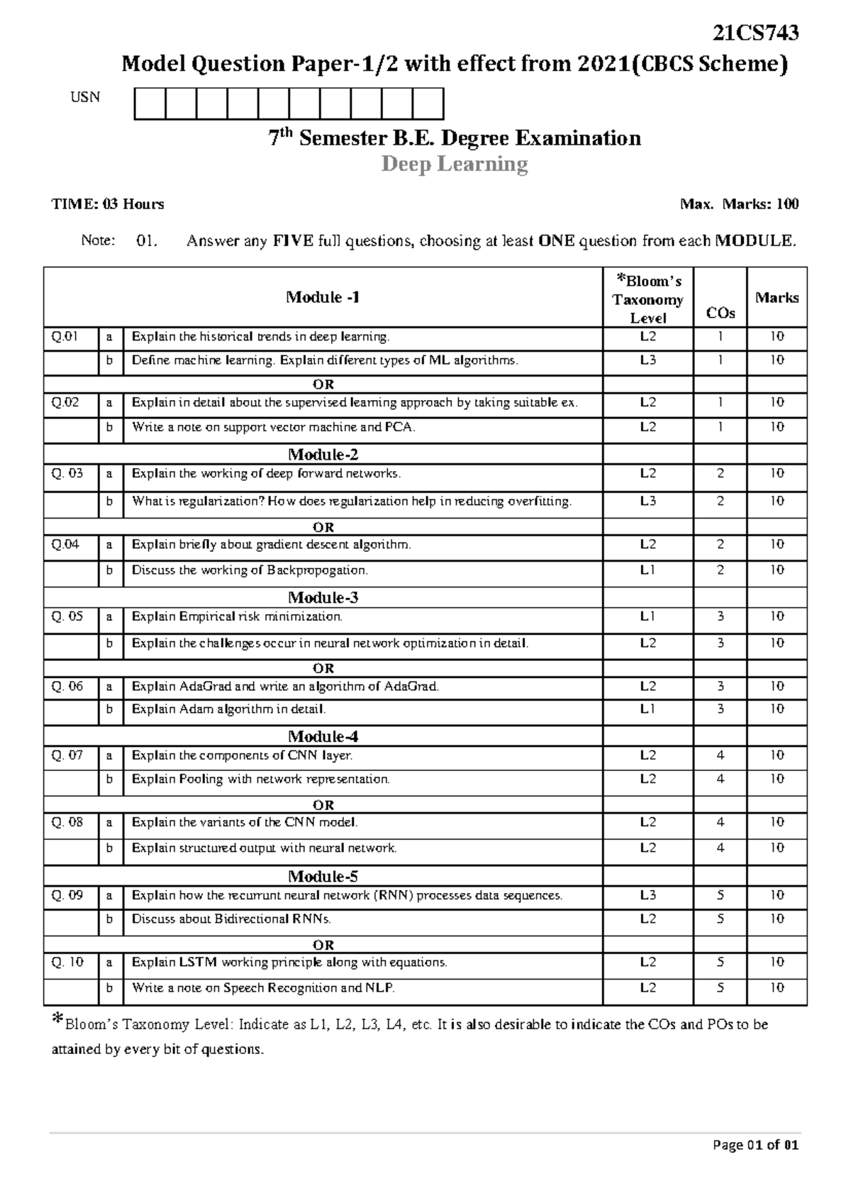 21CS743 - Model Question Paper for Deep Learning 7th Sem - Studocu